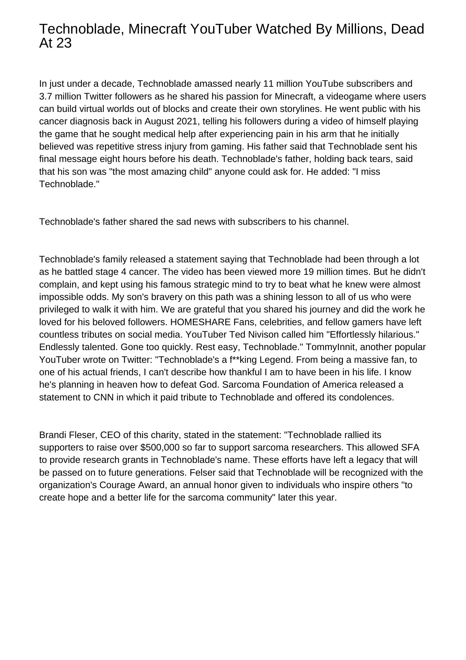 Technoblade Minecraft YouTuber Watched By Millions Dead At 23fibfh.pdf ...