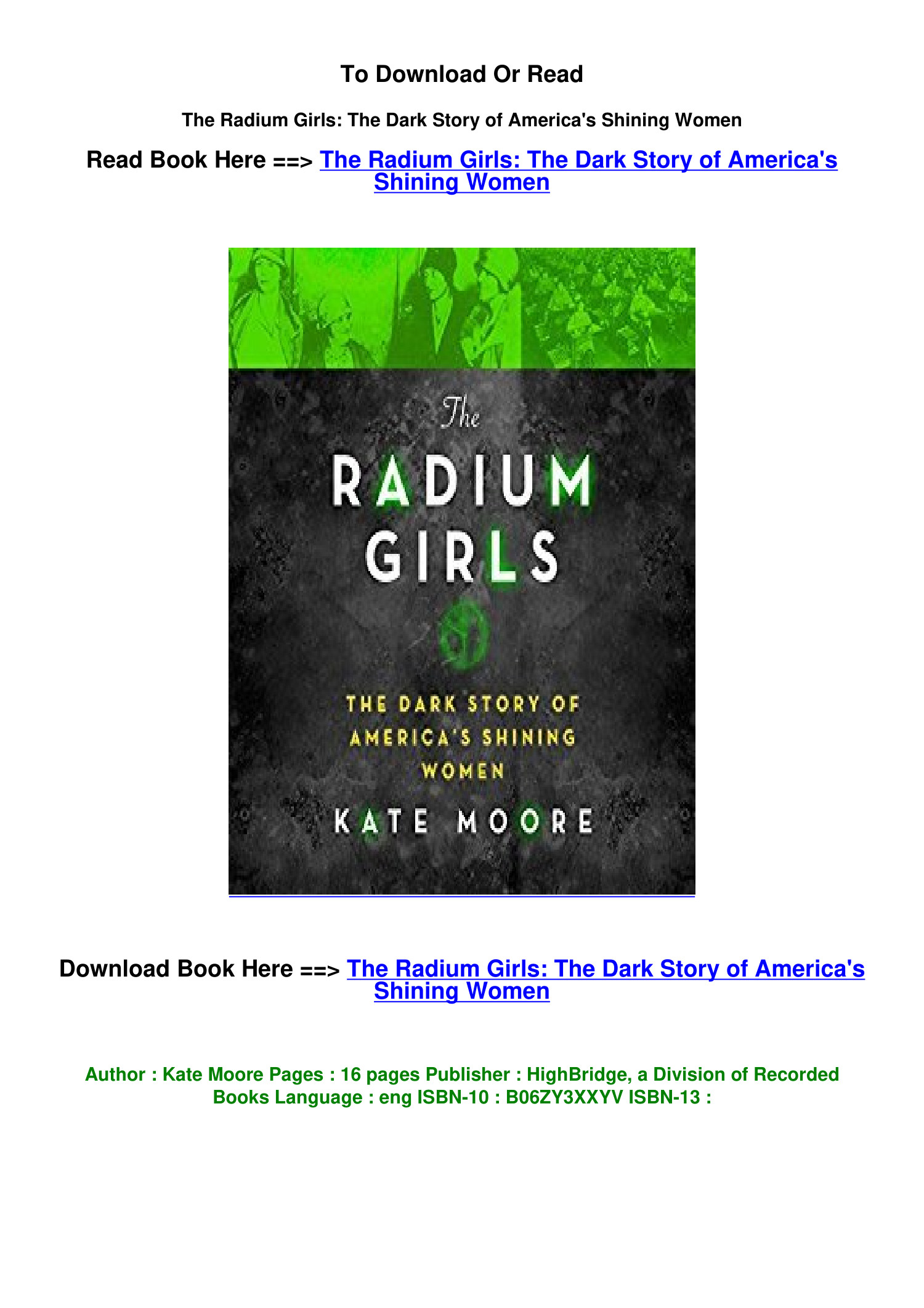 DOWNLOAD pdf The Radium Girls The Dark Story of America s Shining Women BY .pdf | DocDroid