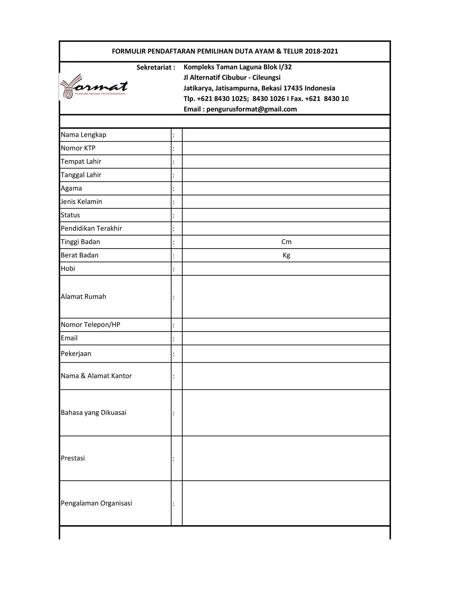 Formulir Pendaftaran Duta Ayam & Telur 2018 - 2021.xls | DocDroid