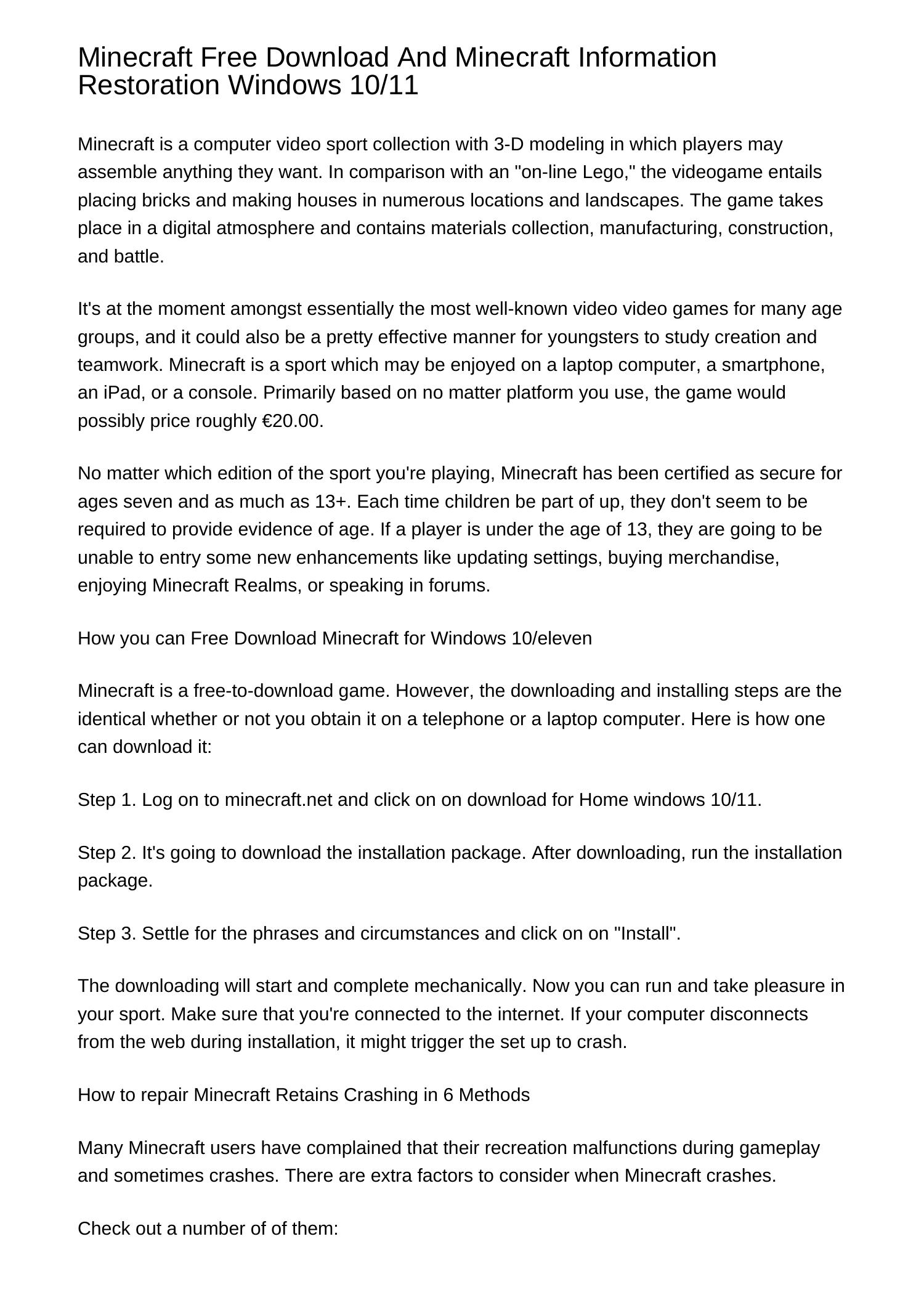 Minecraft Free Download And Minecraft Information Recovery Home Windows ...