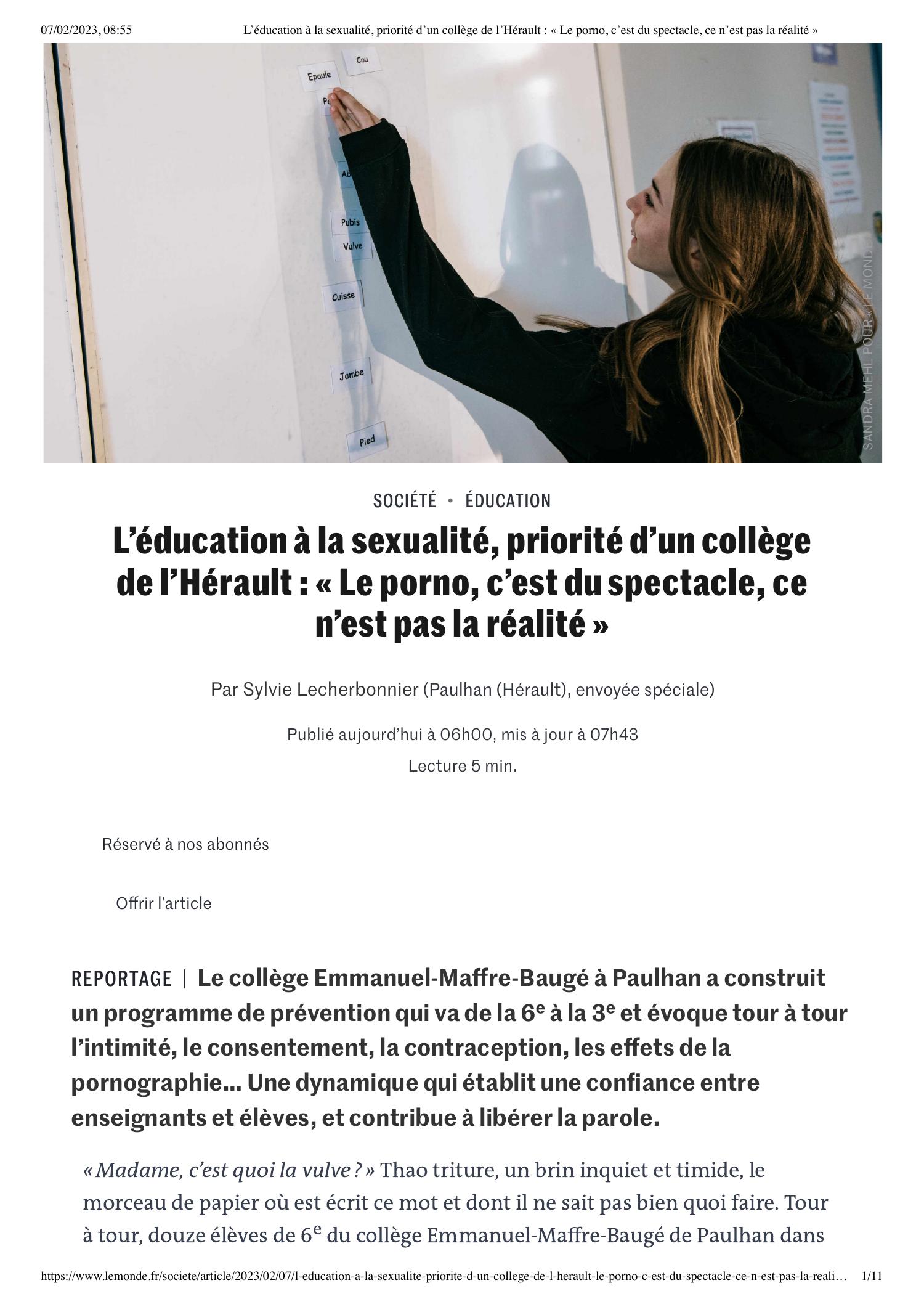 L’éducation à la sexualité, priorité d’un collège de l’Hérault _ « Le porno, c’est du spectacle ...