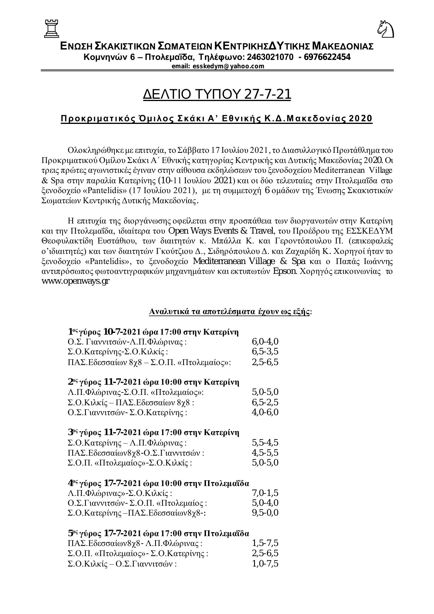 ΔΤ2021-07-27 ΑΠΟΤΕΛΕΣΜΑΤΑ ΔΙΑΣΥΛΛΟΓΙΚΟ ΠΡΩΤΑΘΛΗΜΑ Α ΕΘΝΙΚΗΣ ΚΔ ...