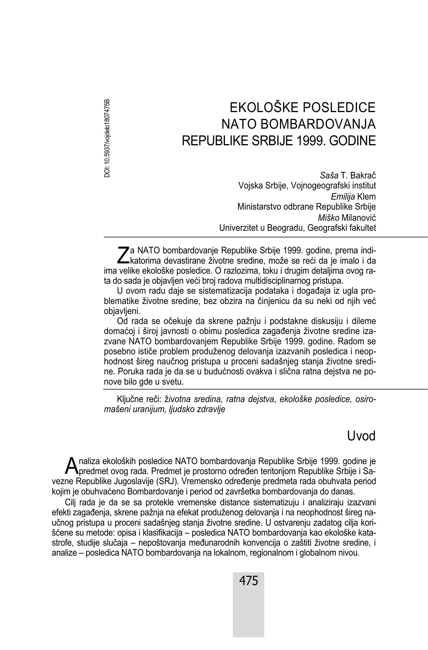 EKOLOŠKE POSLEDICE NATO BOMBARDOVANJA REPUBLIKE SRBIJE 1999. Saša T ...