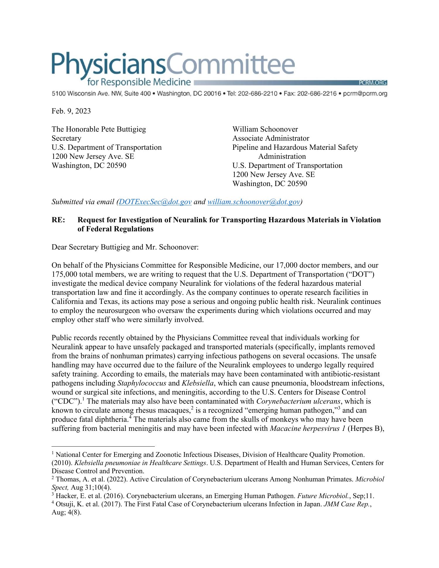 Request for DOT Investigation of Neuralink with Enclosures 02.09.23.pdf ...