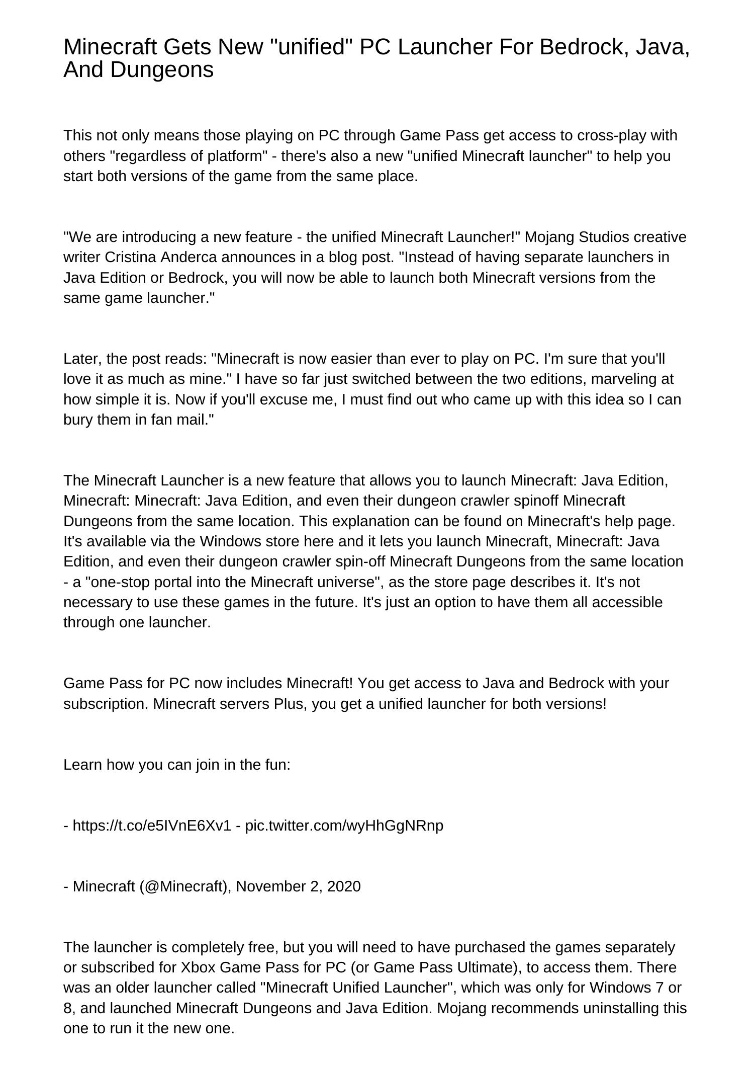 Minecraft Gets A New unified PC Launcher For Java And Bedrockekroi.pdf ...