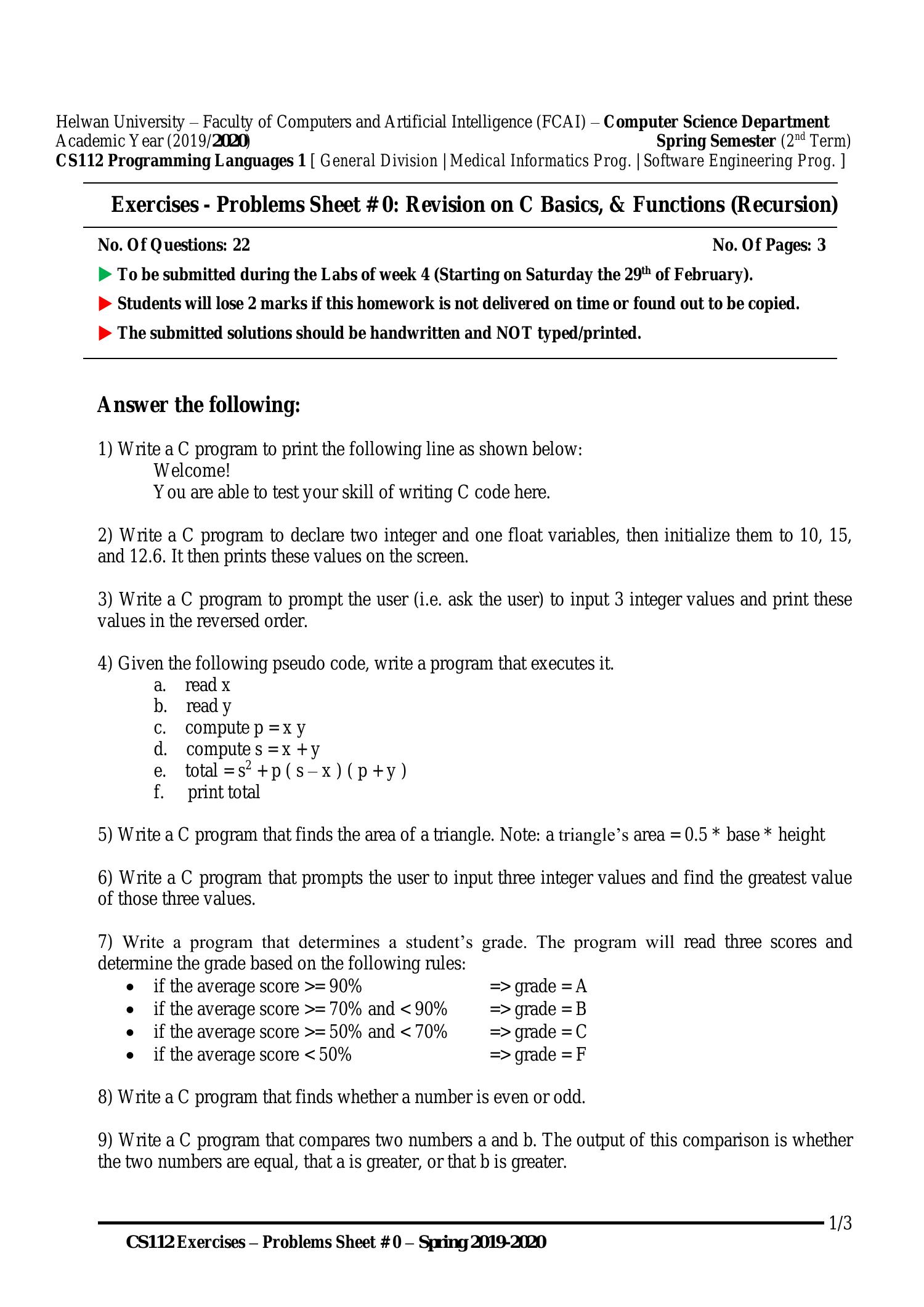 CS112 - Exercises (Problems Sheet 0) - Spring 2020.pdf | DocDroid