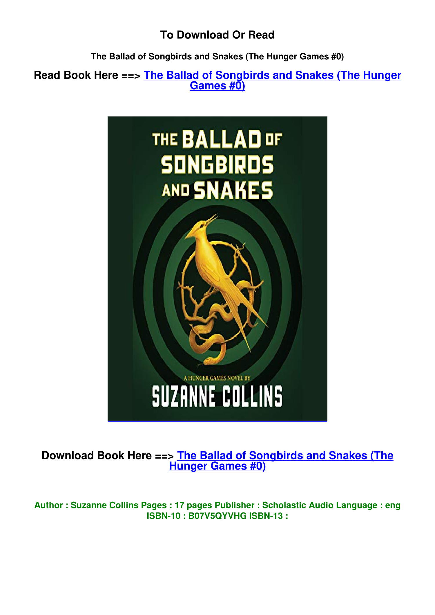 epub download The Ballad of Songbirds and Snakes The Hunger Games 0 By ...