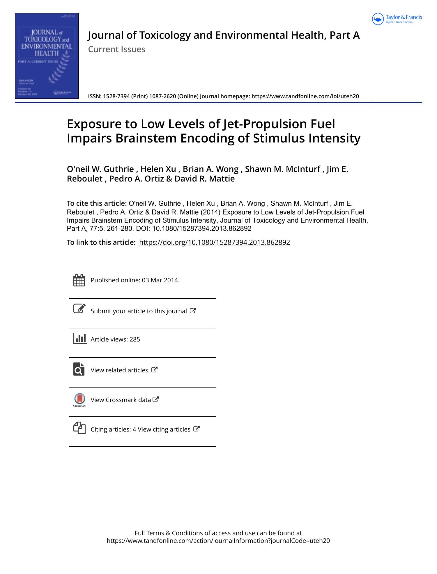 Exposure to Low Levels of Jet Propulsion Fuel Impairs Brainstem ...