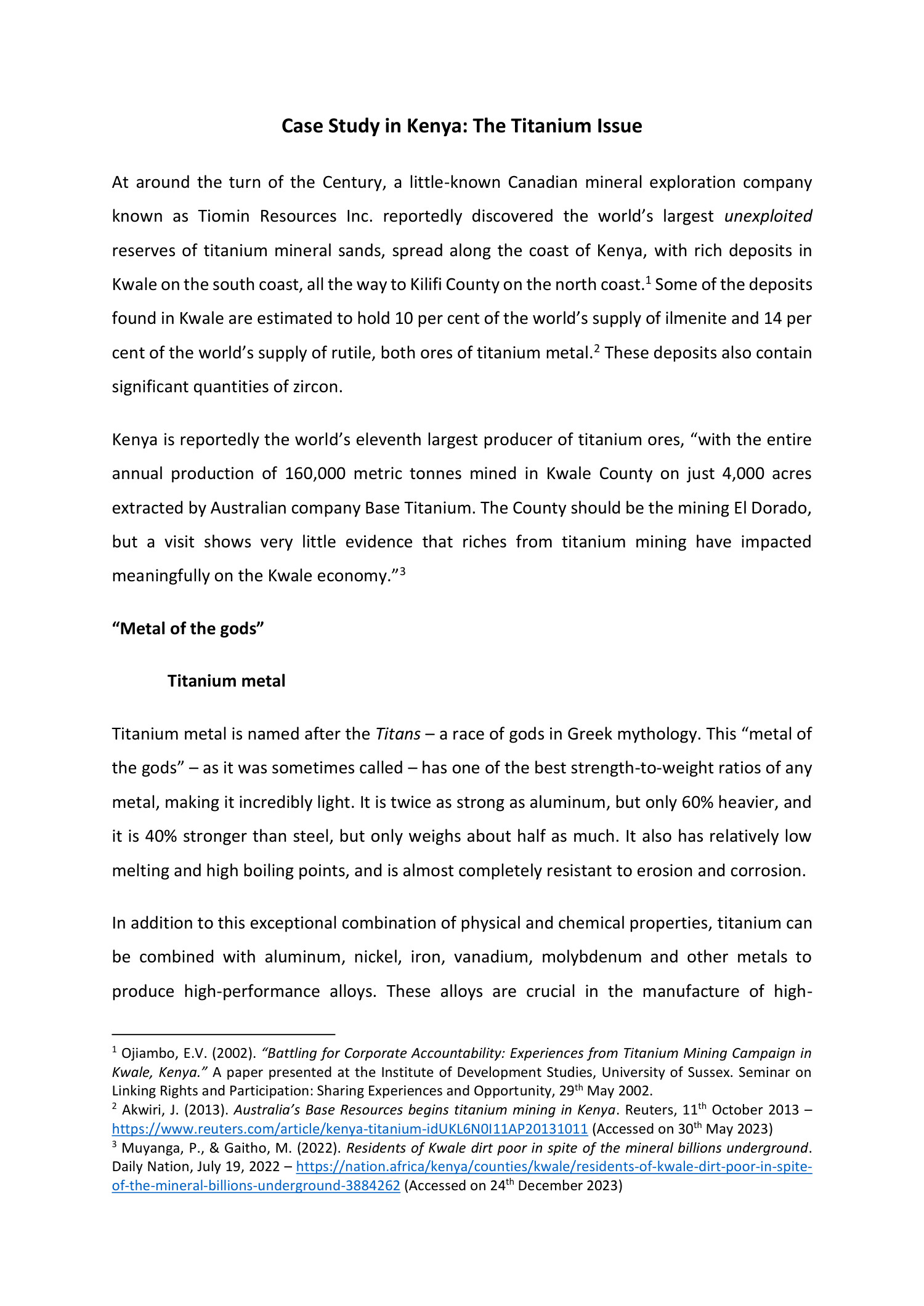 Case Study in Kenya: The Titanium Issue.docx | DocDroid