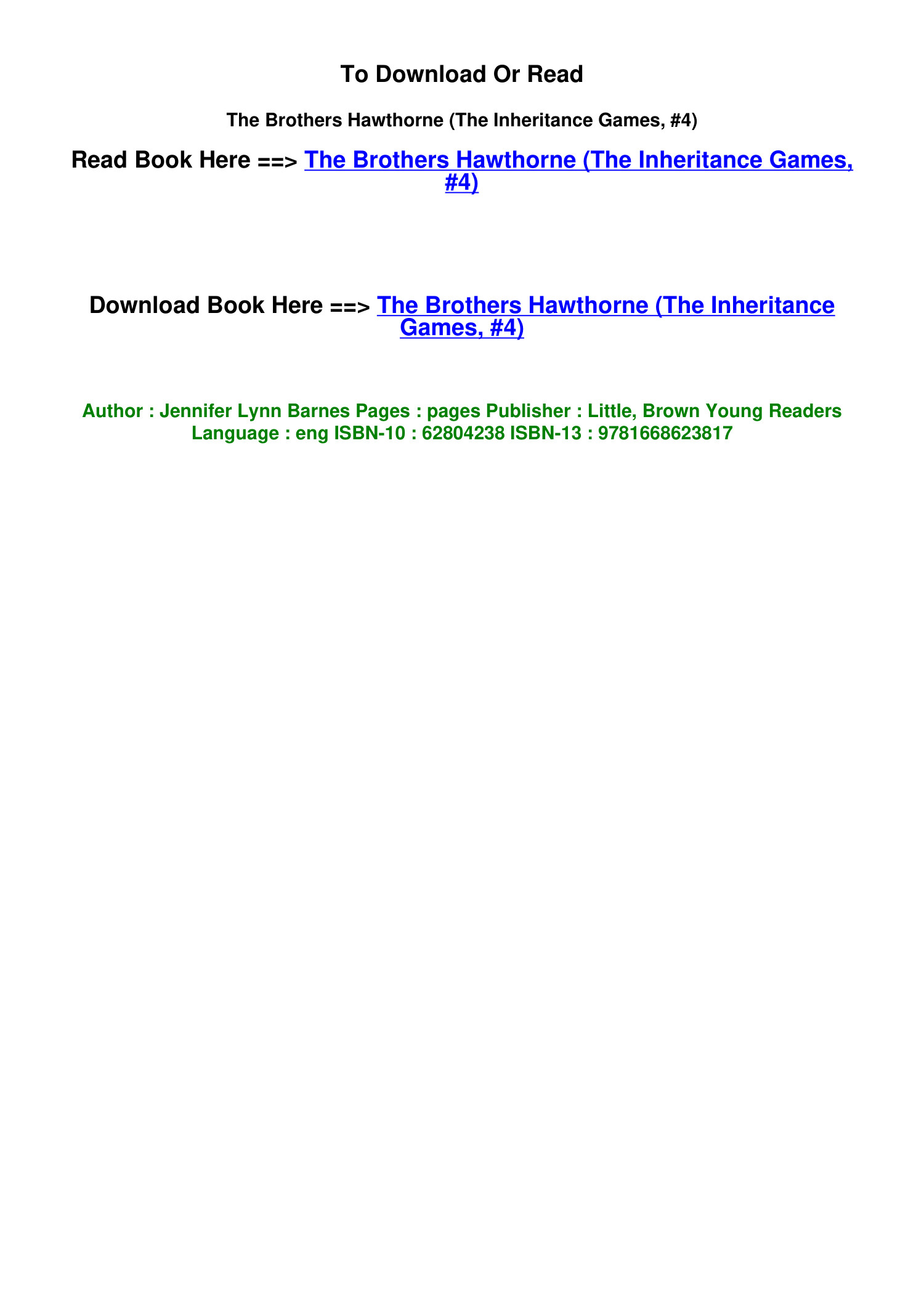 pdf Download The Brothers Hawthorne The Inheritance Games 4 By Jennifer ...