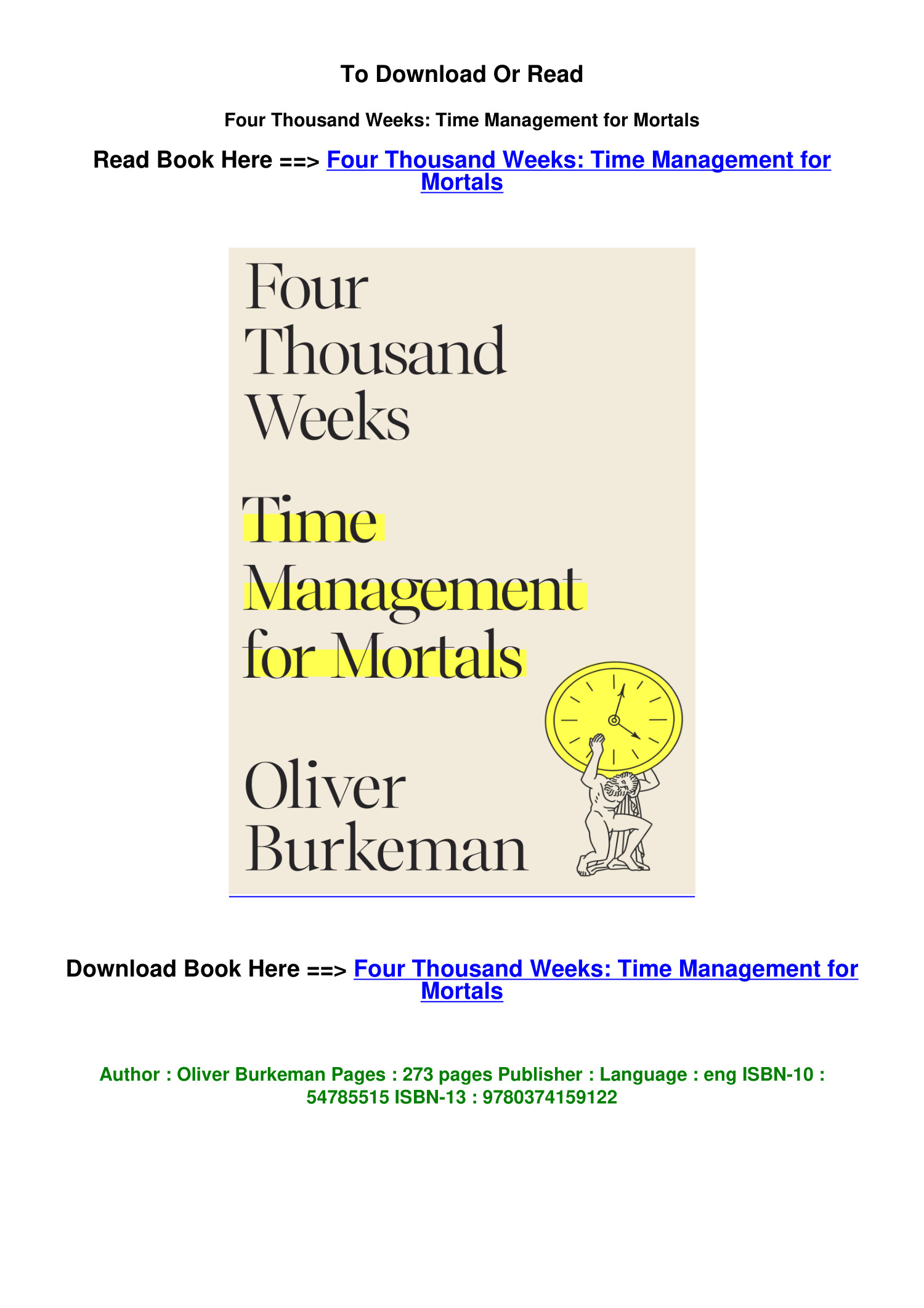 download pdf Four Thousand Weeks Time Management for Mortals By Oliver ...