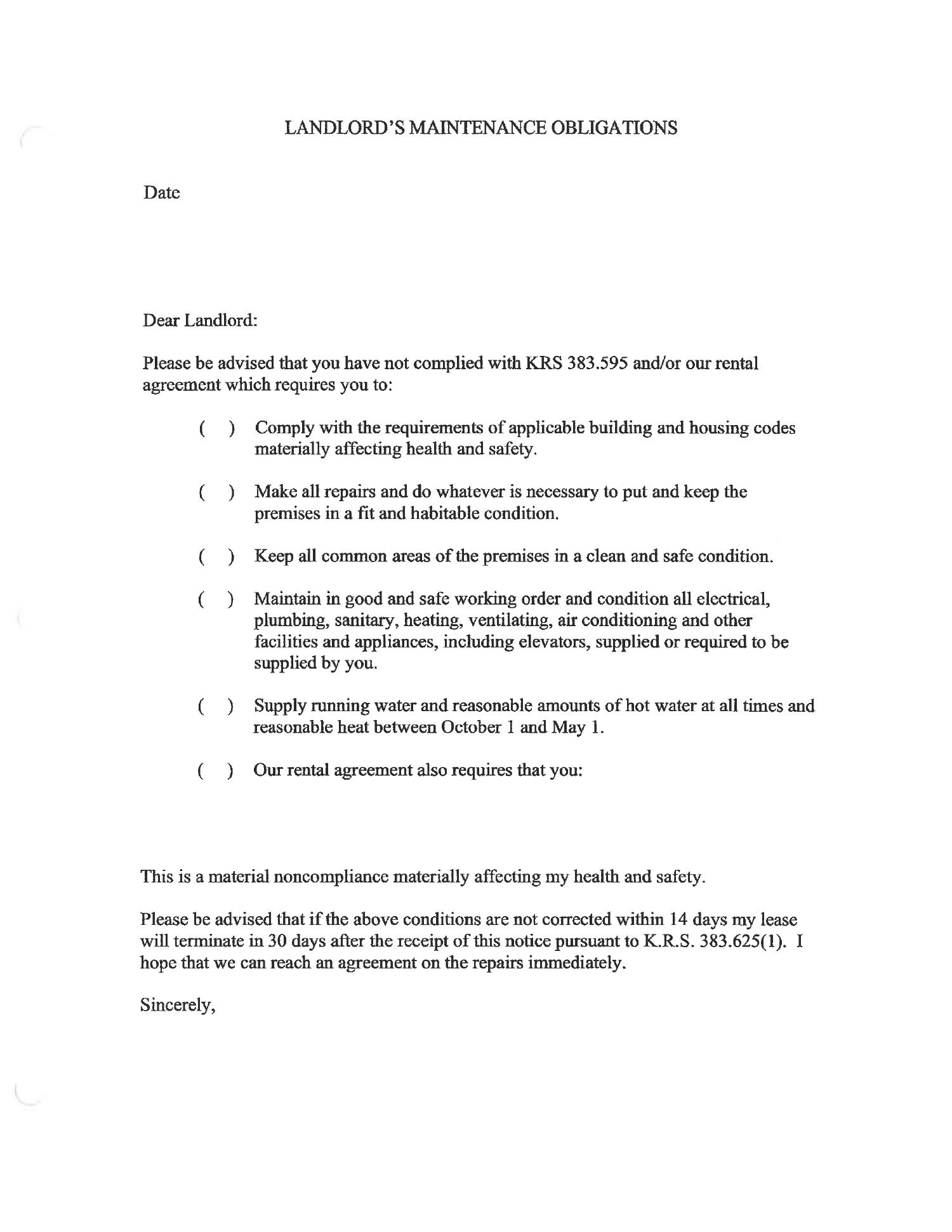 Maintenance Issues Example form Letters - Notice- and break lease or ...