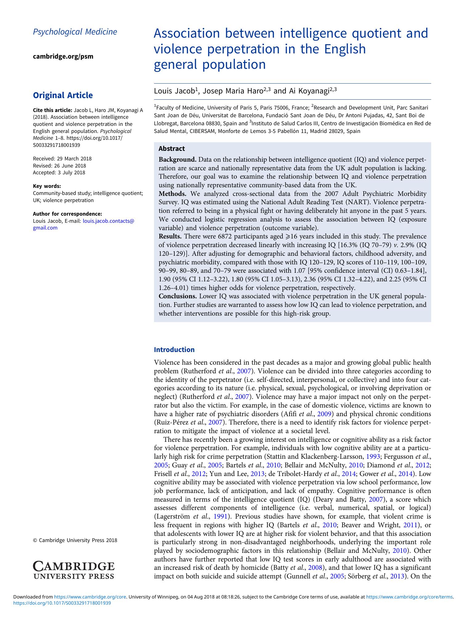 Association between intelligence quotient and violence perpetration in ...