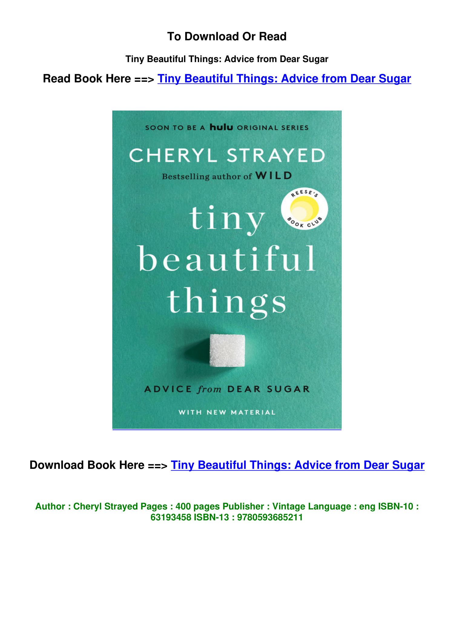 pdf Download Tiny Beautiful Things Advice from Dear Sugar By Cheryl ...