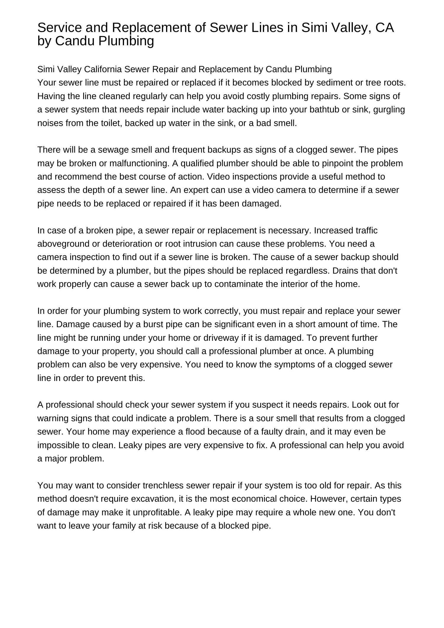 A Simi Valley plumber repairs and replaces sewers by Candu ...