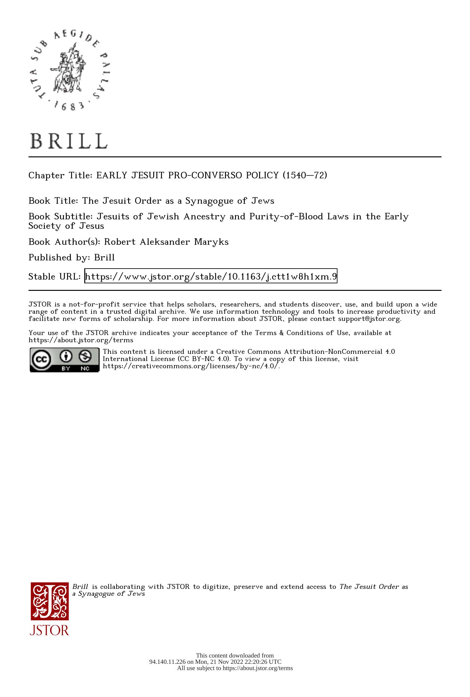 The Jesuit Order as a Synagogue of Jews Jesuits of Jewish Ancestry and Purity-of-Blood Laws in ...