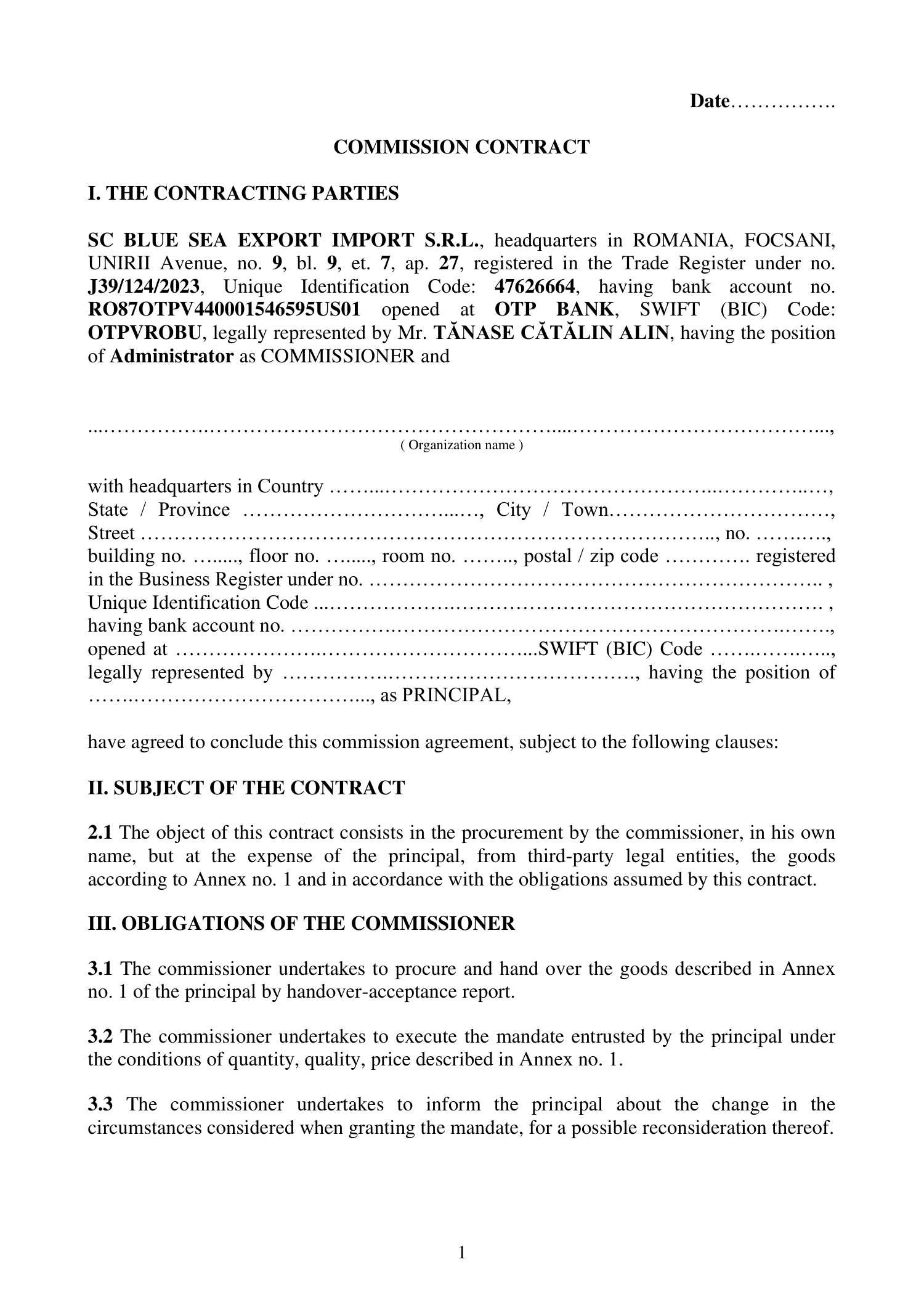 Commission Contract, the principal, reads , fills his part of the ...