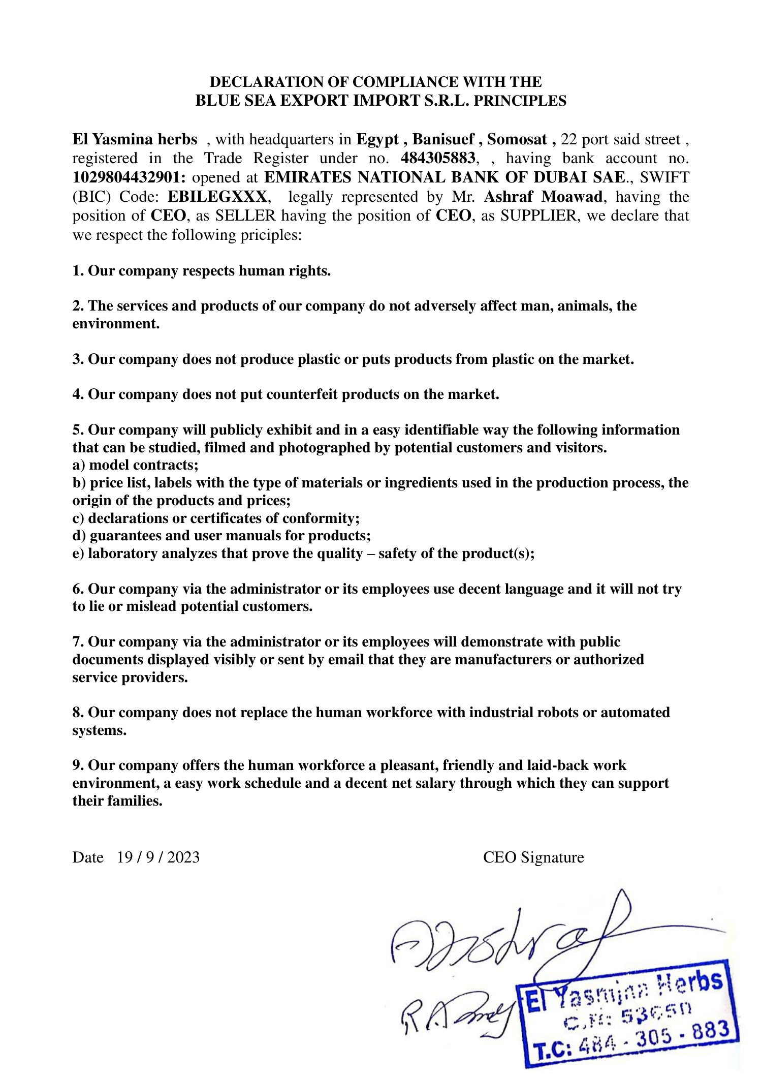 Declaration Of Compliance With The Blue Sea Export Import Principles Pdf Docdroid