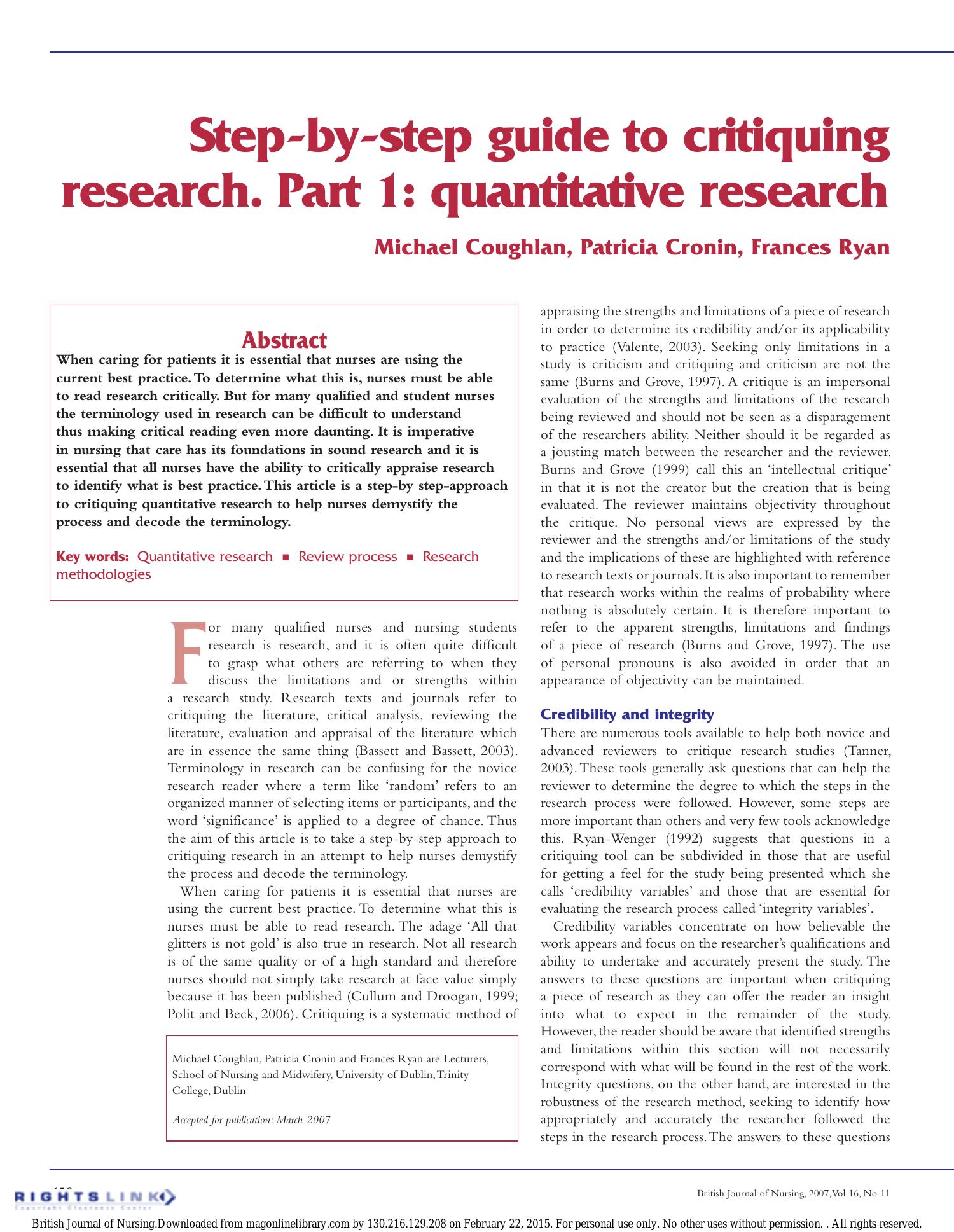Step-by-step guide to critiquing research. Part 1 quantitative research ...