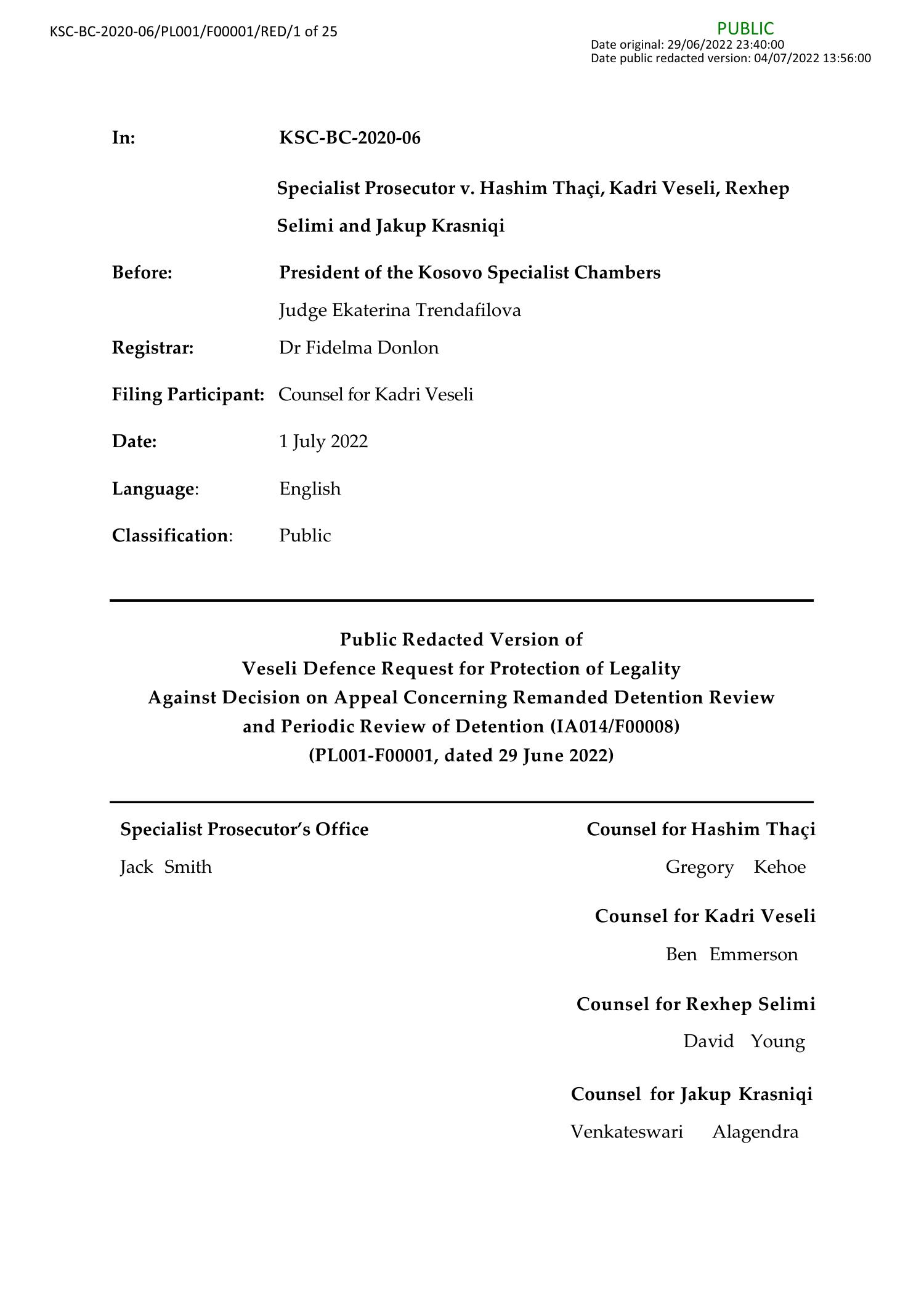 Public Redacted Version of Veseli Defence Request for Protection of ...