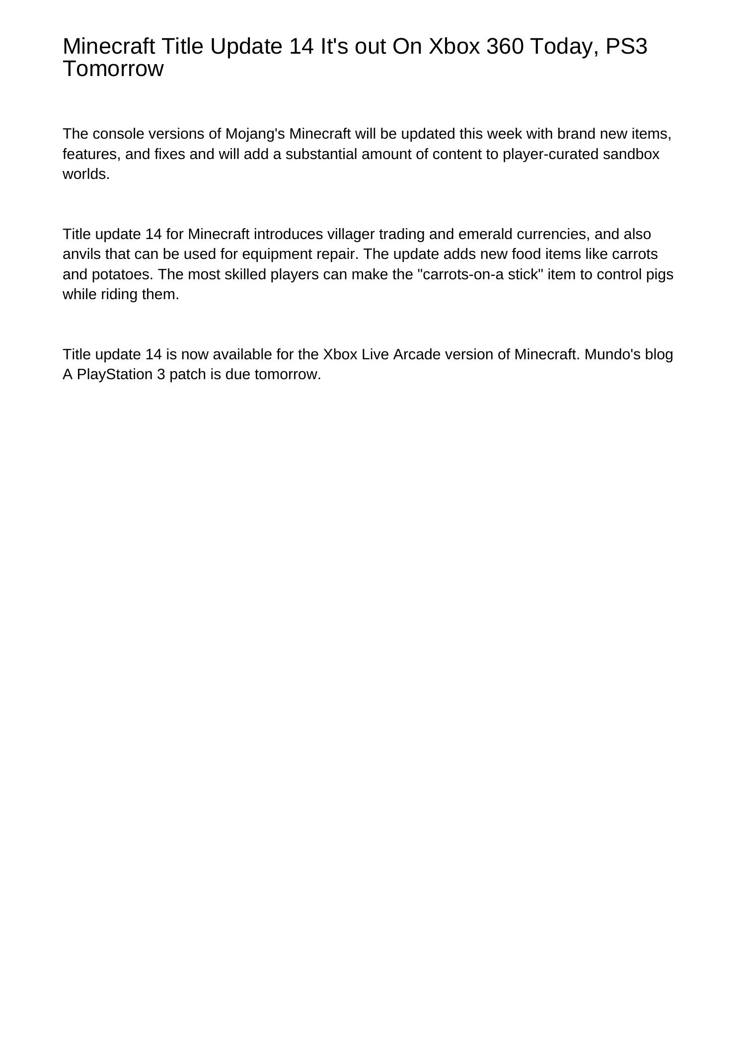 Minecraft Title Update 14 Released Xbox 360 Today PS3 Tomorrowpncpa.pdf.pdf | DocDroid