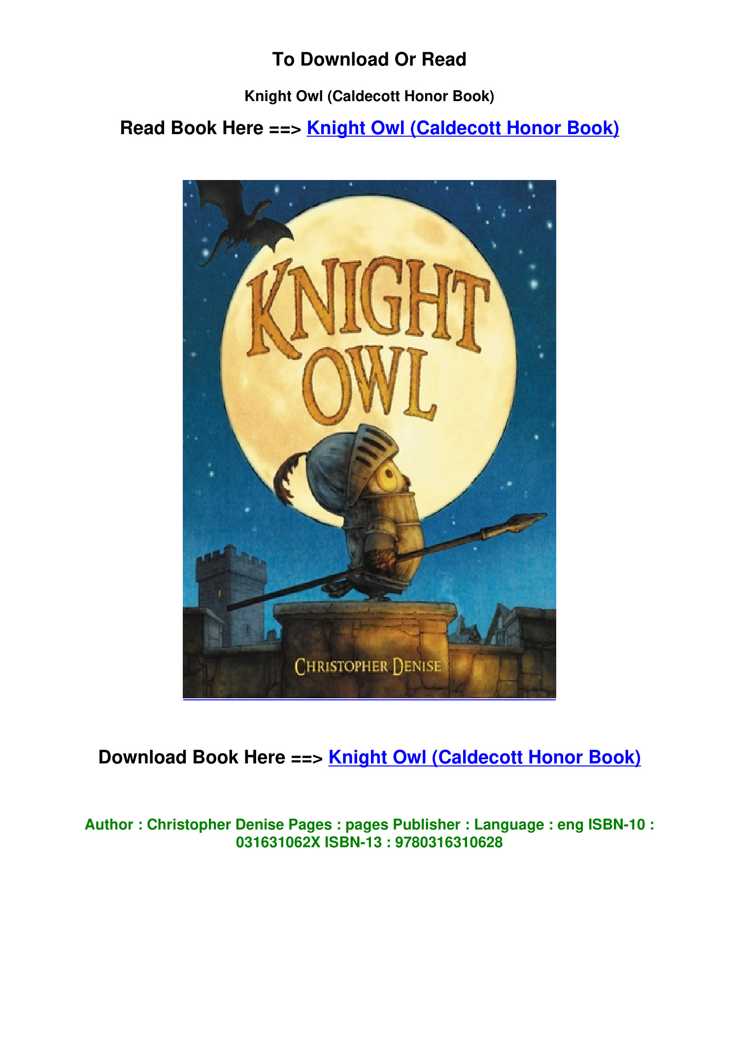 pdf download Knight Owl Caldecott Honor Book BY Christopher Denise.pdf | DocDroid