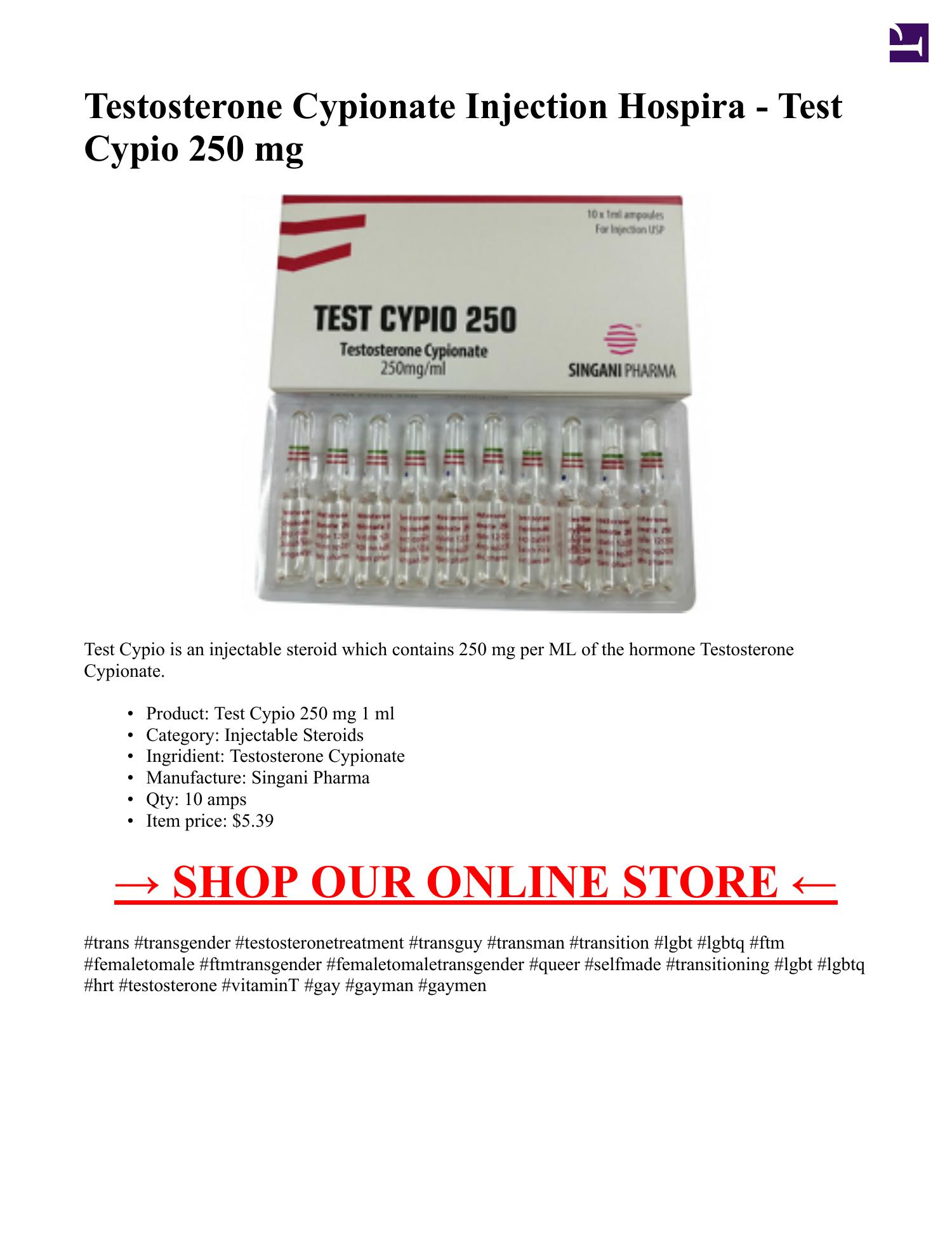 Testosterone Cypionate Injection Hospira - Test Cypio 250 mg 10 amps 1 ...