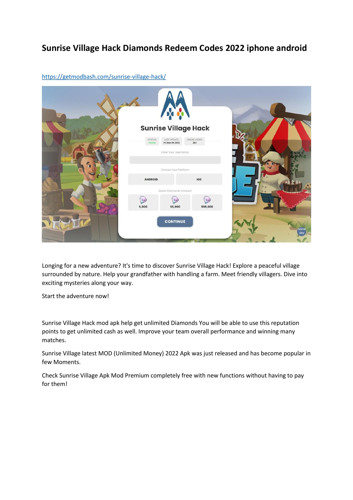 Sunrise Village Hack Diamonds Redeem Codes 2022 iphone android.pdf | DocDroid
