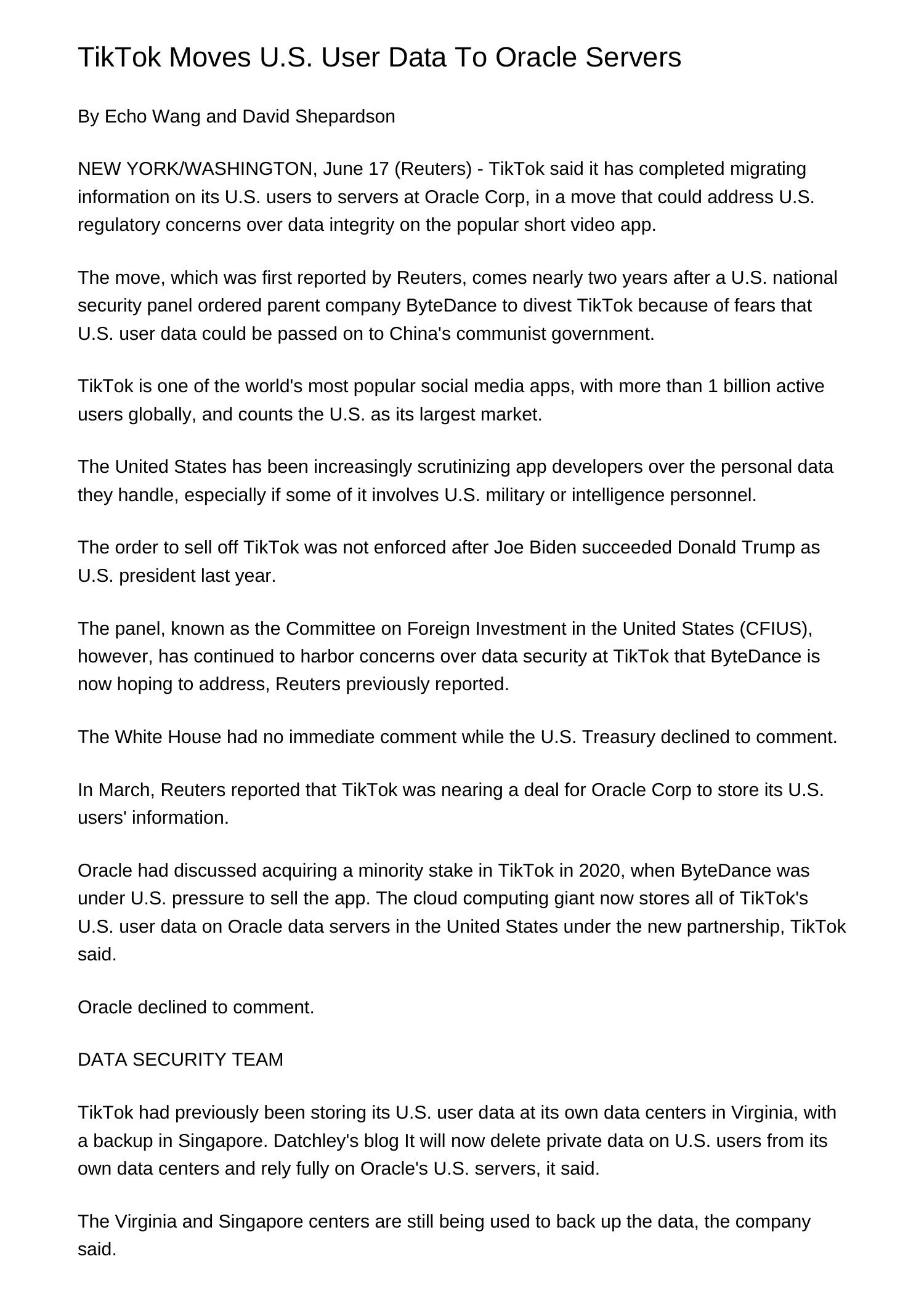 TikTok Moves US User Data To Oracle Serversznkrs.pdf.pdf | DocDroid