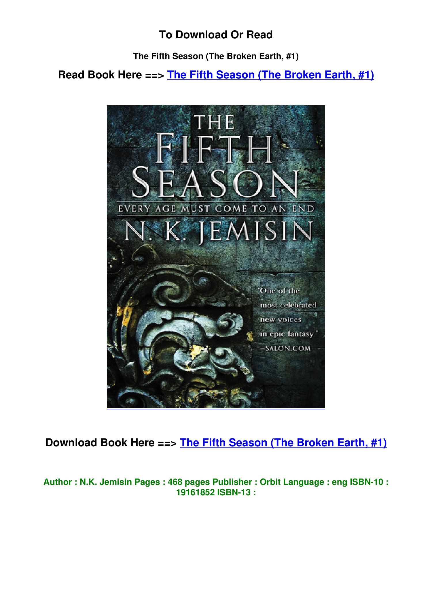 PDF DOWNLOAD The Fifth Season The Broken Earth 1 by N K Jemisin.pdf | DocDroid