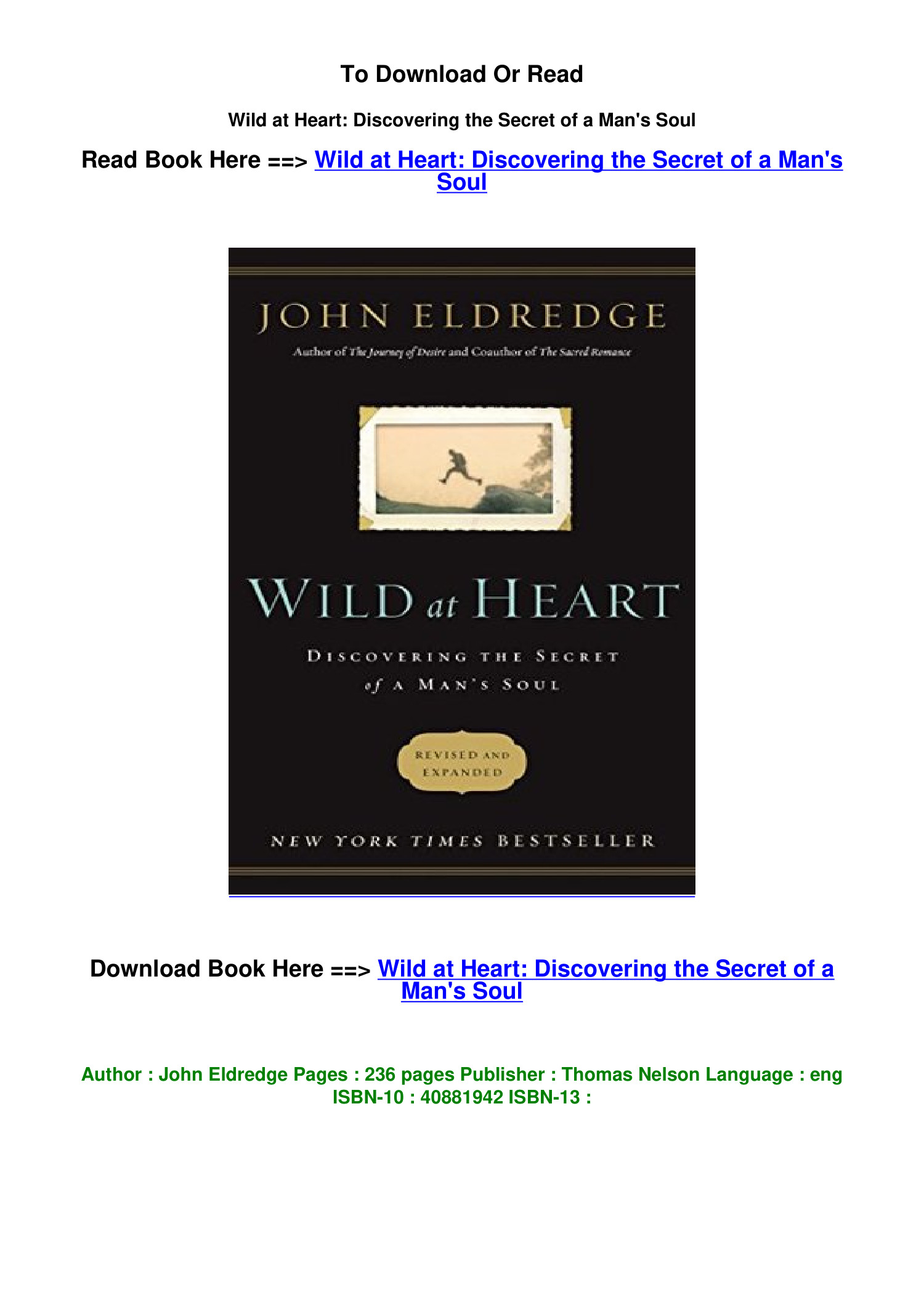 download epub Wild at Heart Discovering the Secret of a Man s Soul by John .pdf | DocDroid