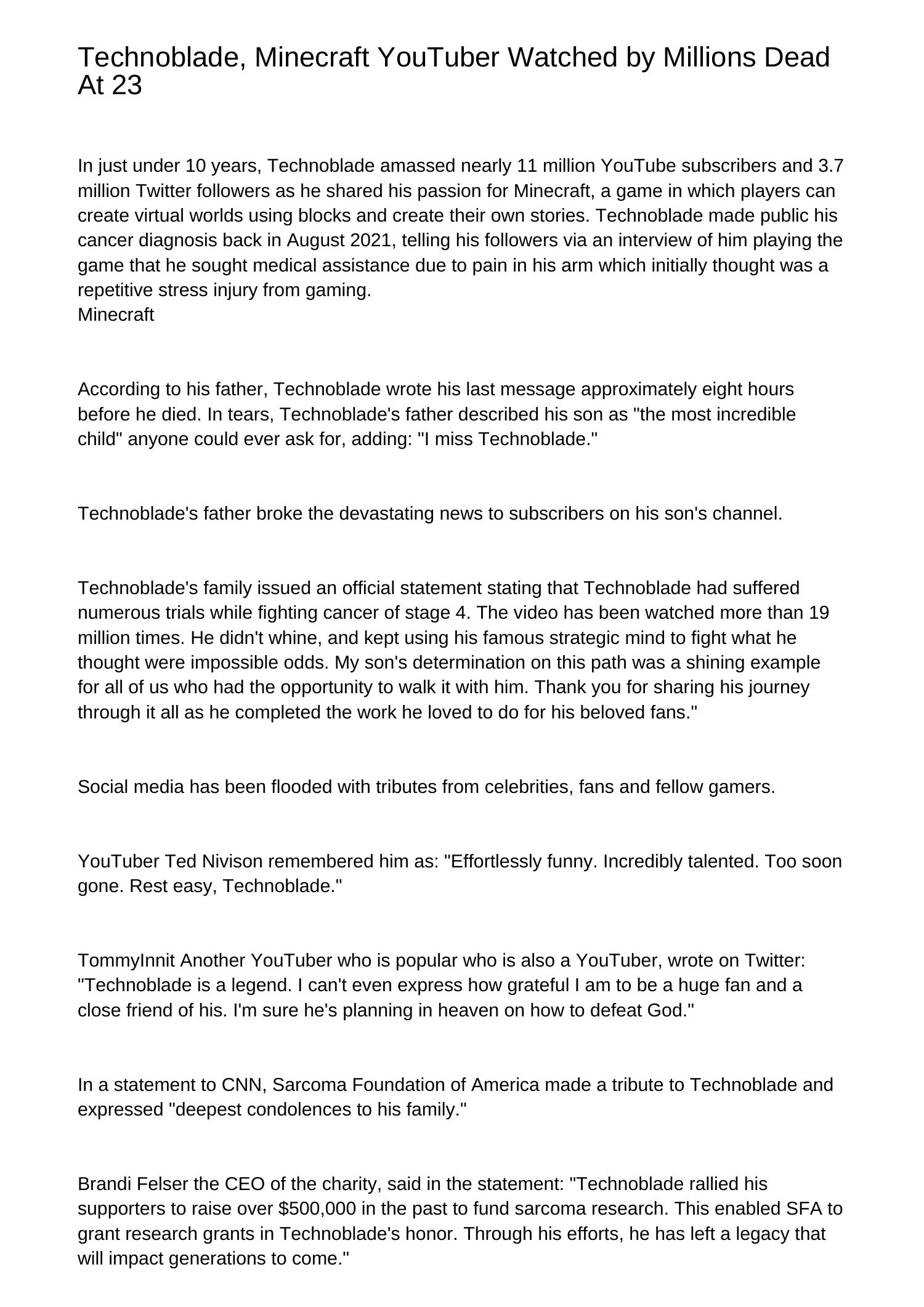 Technoblade Minecraft YouTuber Watched by Millions Dead At 23rhjvu.pdf ...