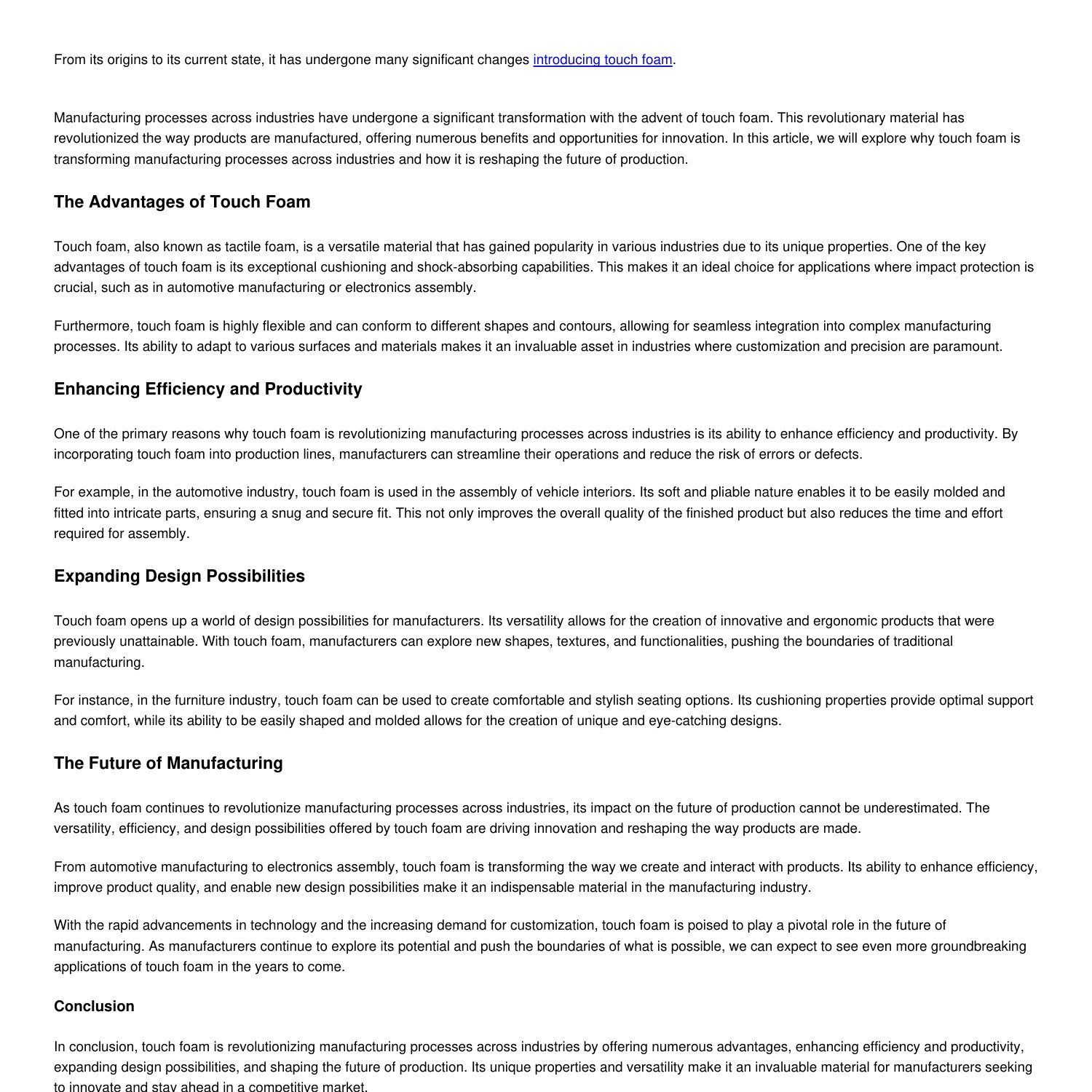 Why Touch Foam Is Revolutionizing Manufacturing Processes Across