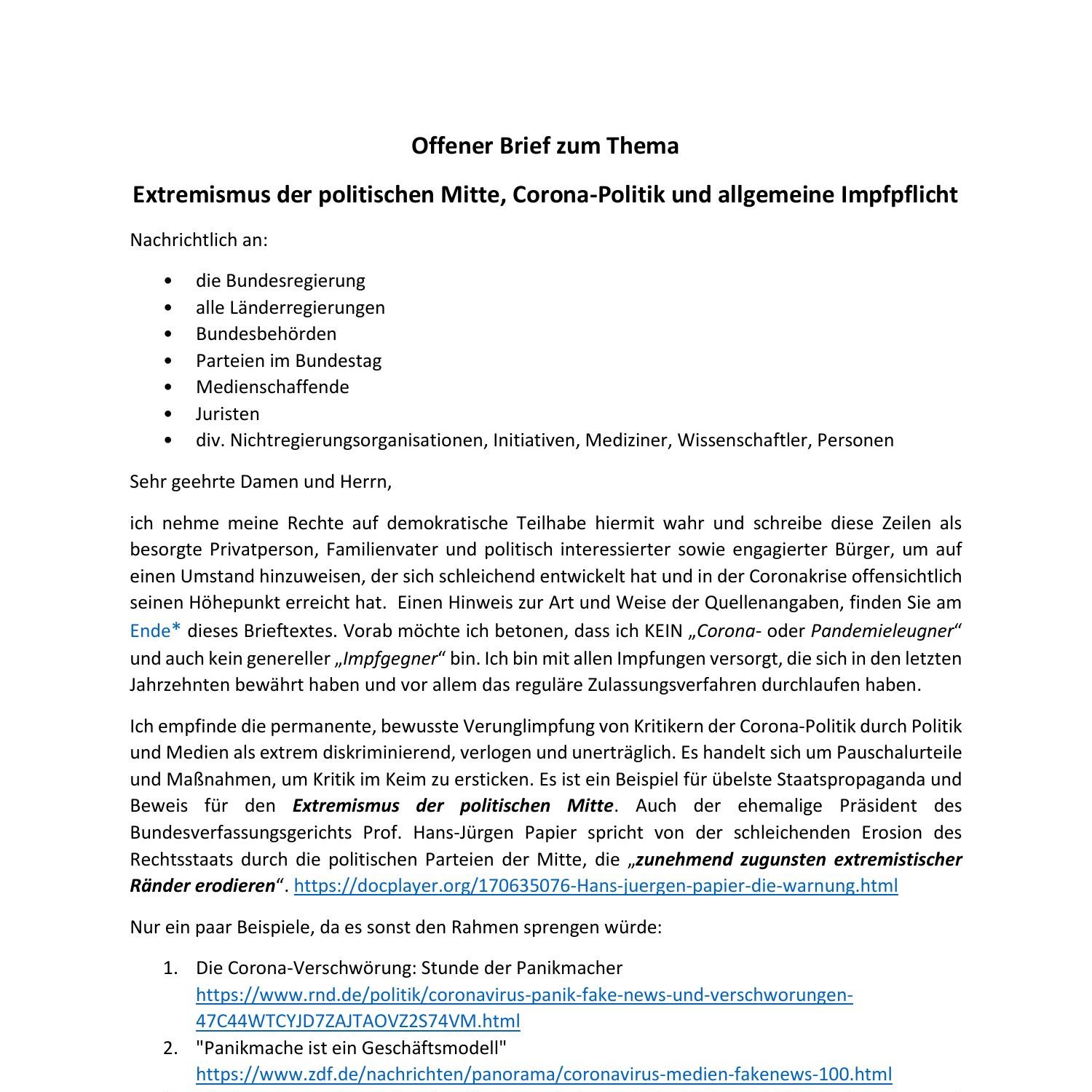 Offener Brief zum Thema Extremismus der politischen Mitte Corona-Politik und allgemeine ...