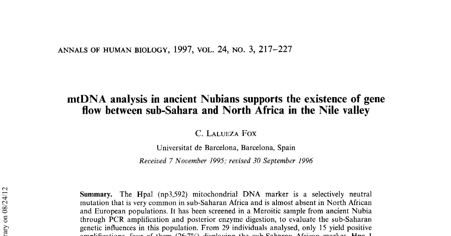 mtDNA analysis in ancient Nubians supports the existence of gene flow ...