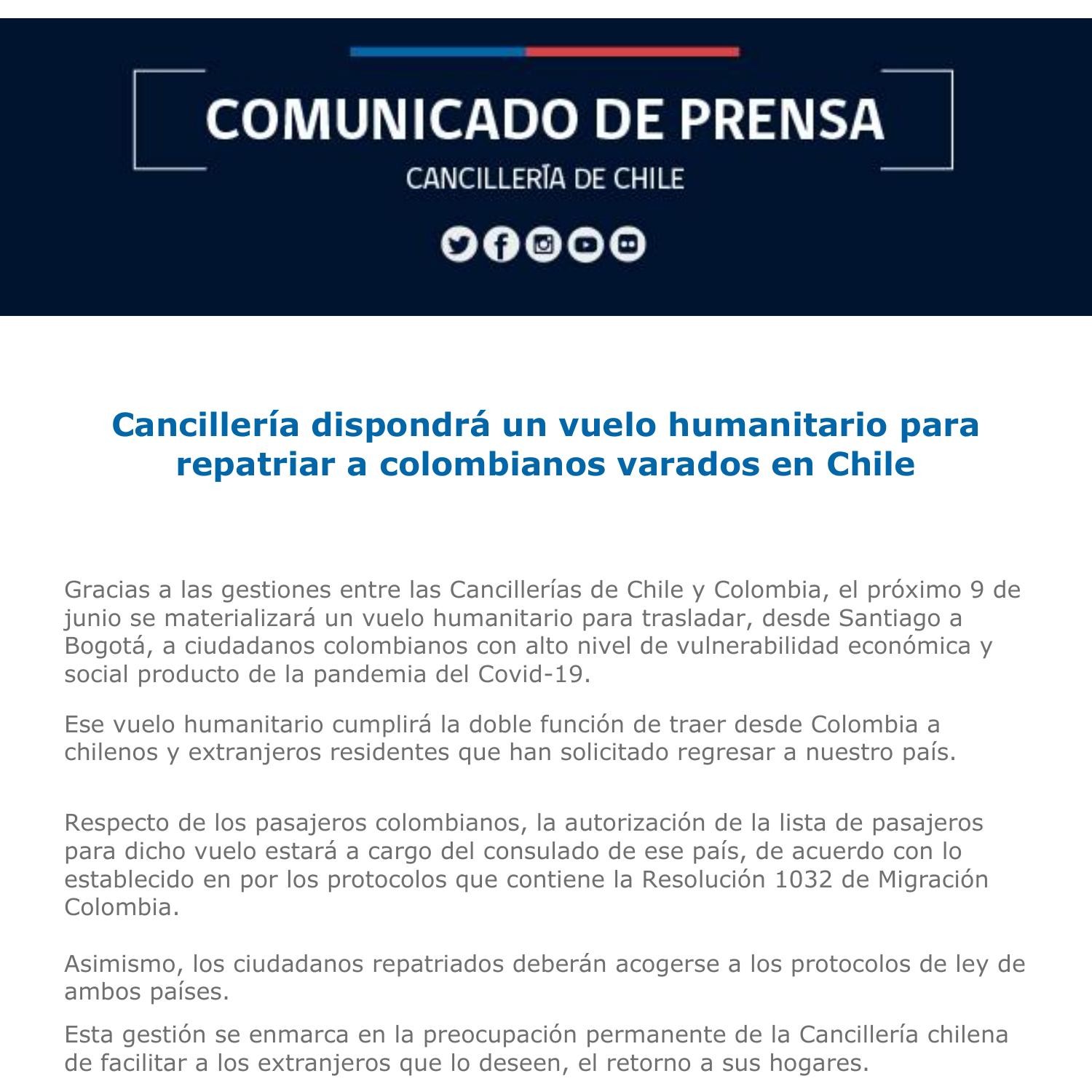 Cancillería dispondrá un vuelo humanitario para repatriar a colombianos varados en Chile.pdf ...