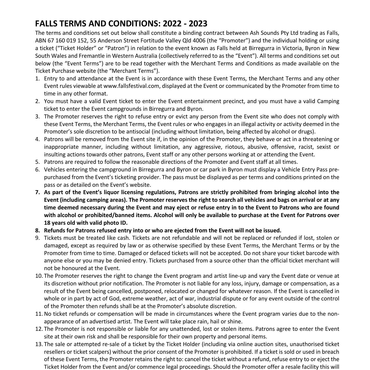 2022_23 Falls Festival Terms and Conditions of Sale and Entry_Changes Removed_FINAL.pdf | DocDroid