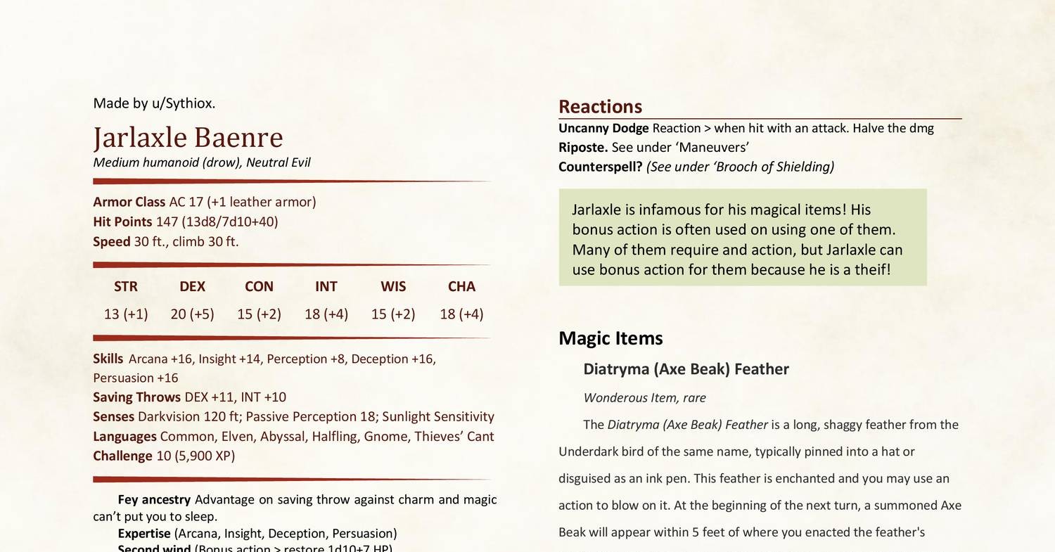 Jarlaxle 5e Stats DRAGONBOWL (5e Adventure) Dungeon Masters Guild