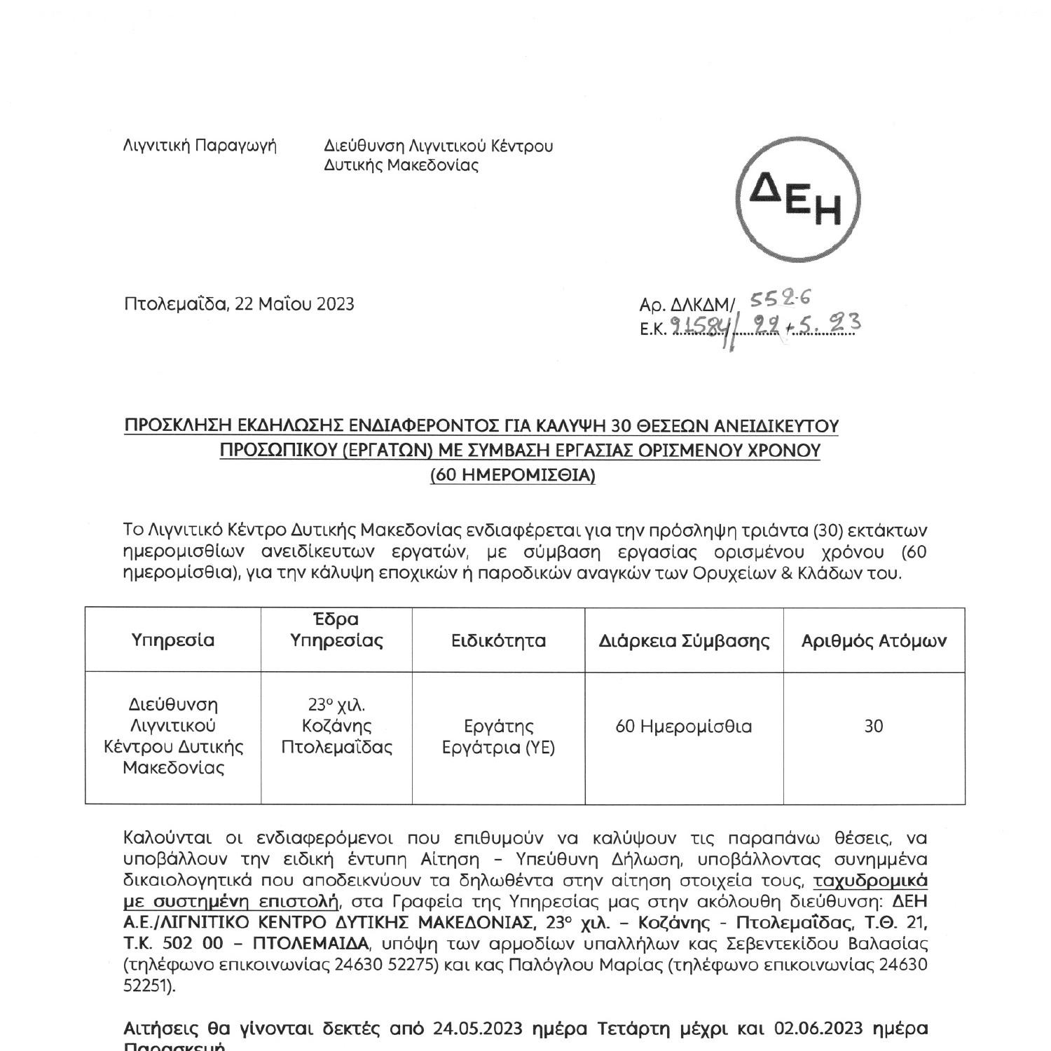ΠΡΟΣΚΛΗΣΗ ΕΚΔΗΛΩΣΗΣ ΕΝΔΙΑΦΕΡΟΝΤΟΣ ΓΙΑ ΚΑΛΥΨΗ ΘΕΣΕΩΝ ΑΝΕΙΔΙΚΕΥΤΟΥ ...