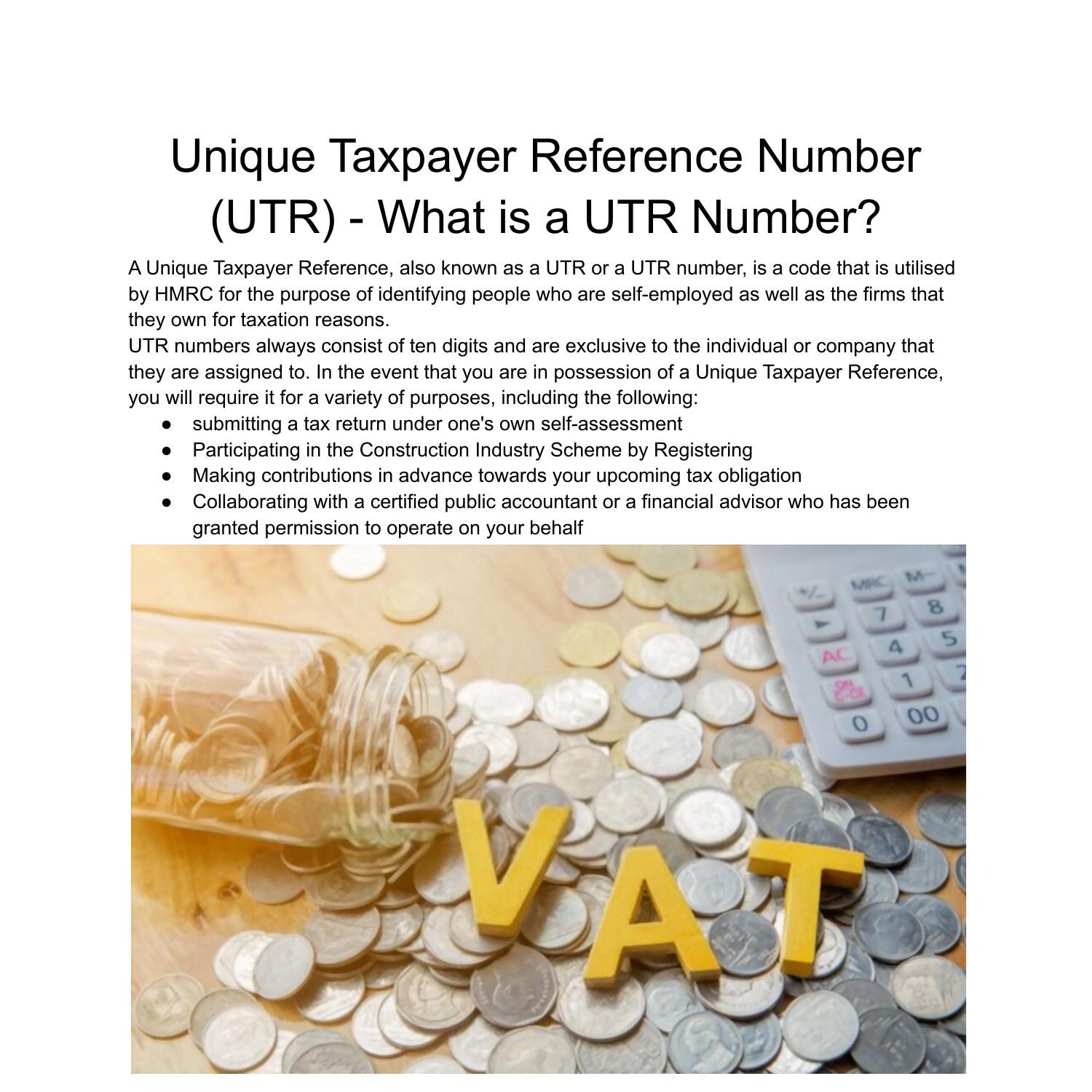 Unique Taxpayer Reference Number UTR What Is A UTR Number pdf