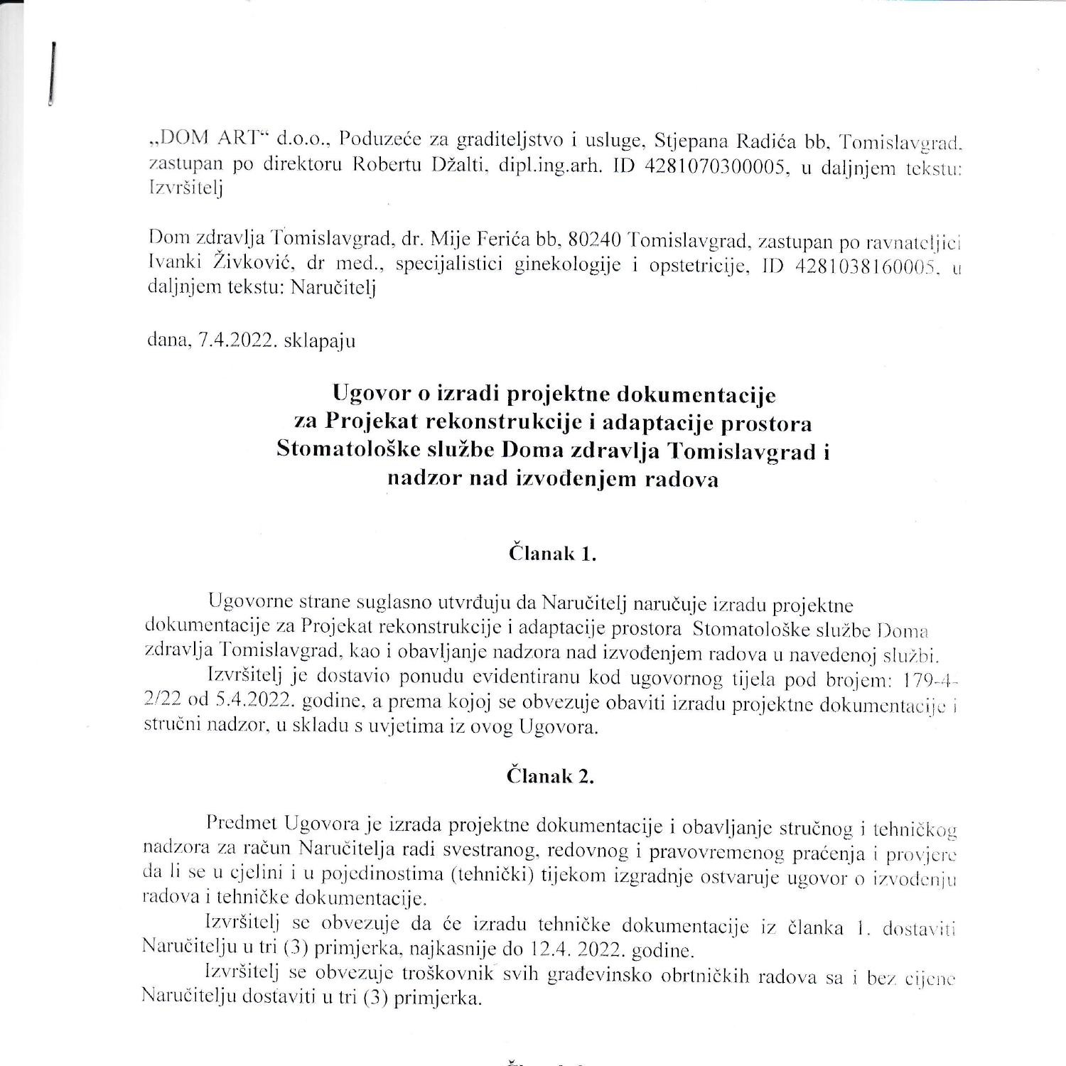 Ugovor o izradi projektne dokumentacije za Projekat rekonstrukcije i adaptacije prostora ...