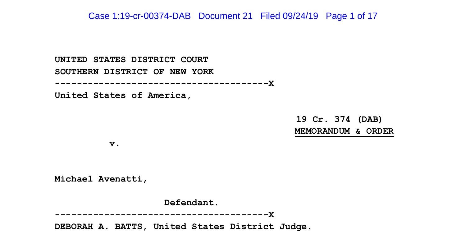 ORDER DENYING AVENATTI MOTION TO TRANSFER STORMY DANIELS PROSECUTION FROM SDNY TO CDCA.pdf ...