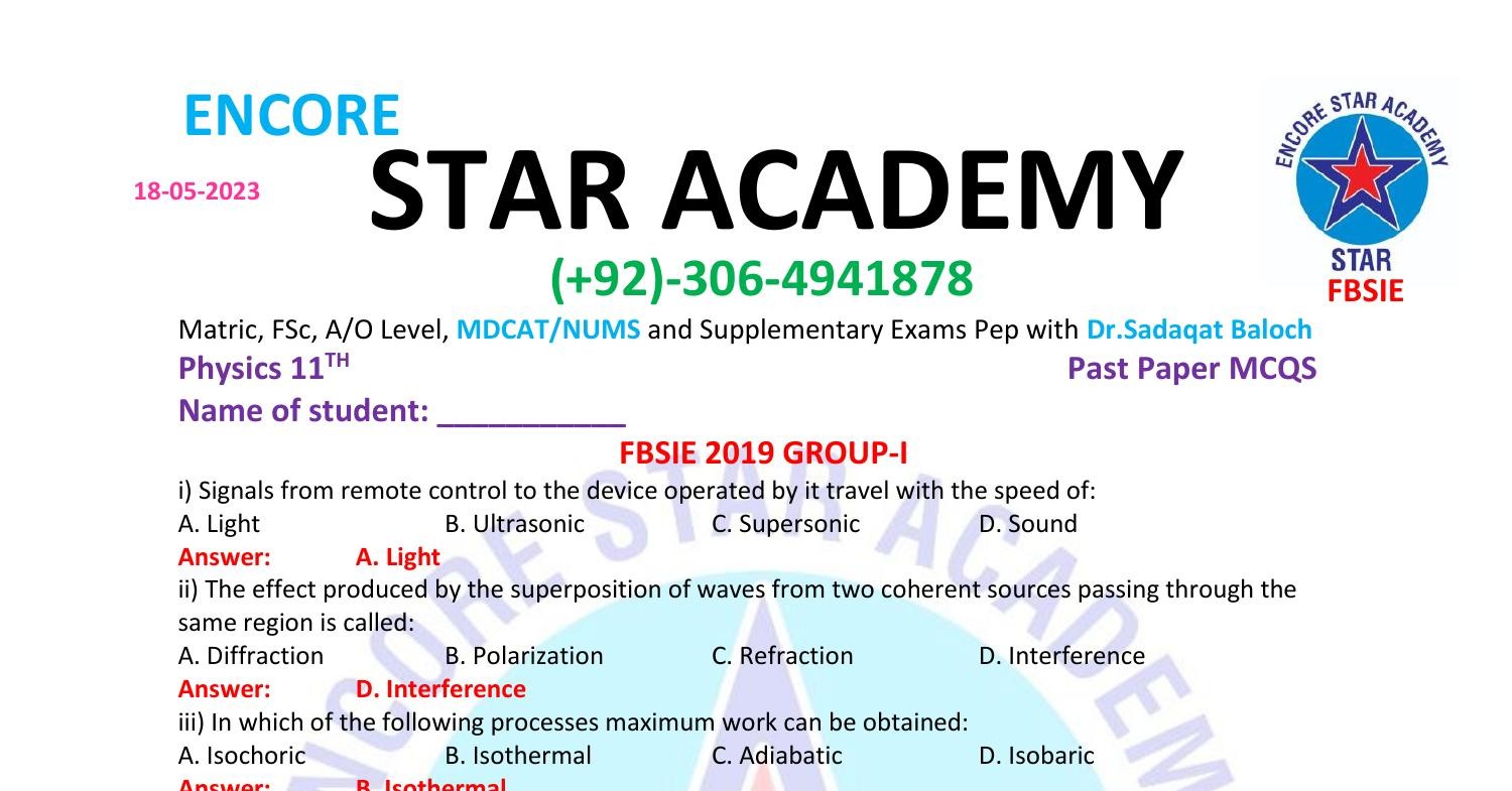 Physics 11th MCQS Past paper FBISE .docx | DocDroid