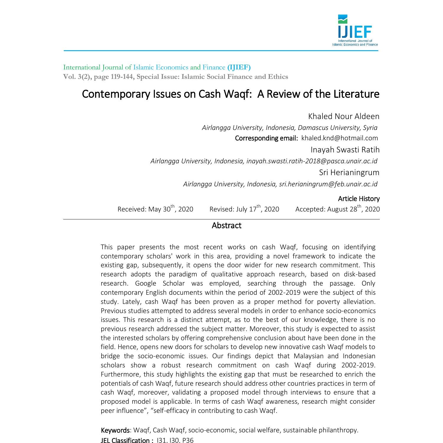 Contemporary Issues on Cash Waqf: A Thematic Literature Review%0A%0A ...