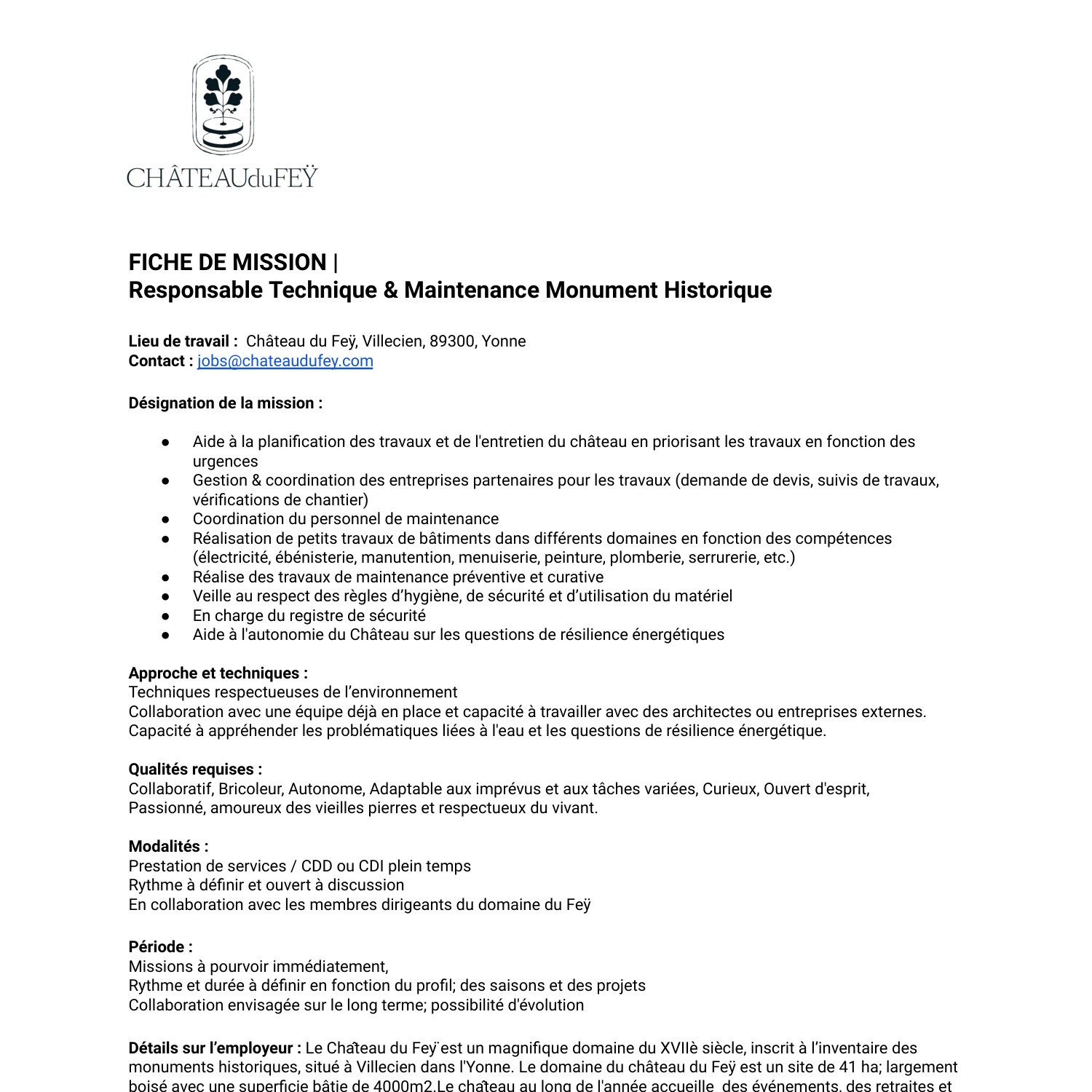 Fiche de Mission - Responsable Technique & Maintenance Monument Historique .pdf | DocDroid