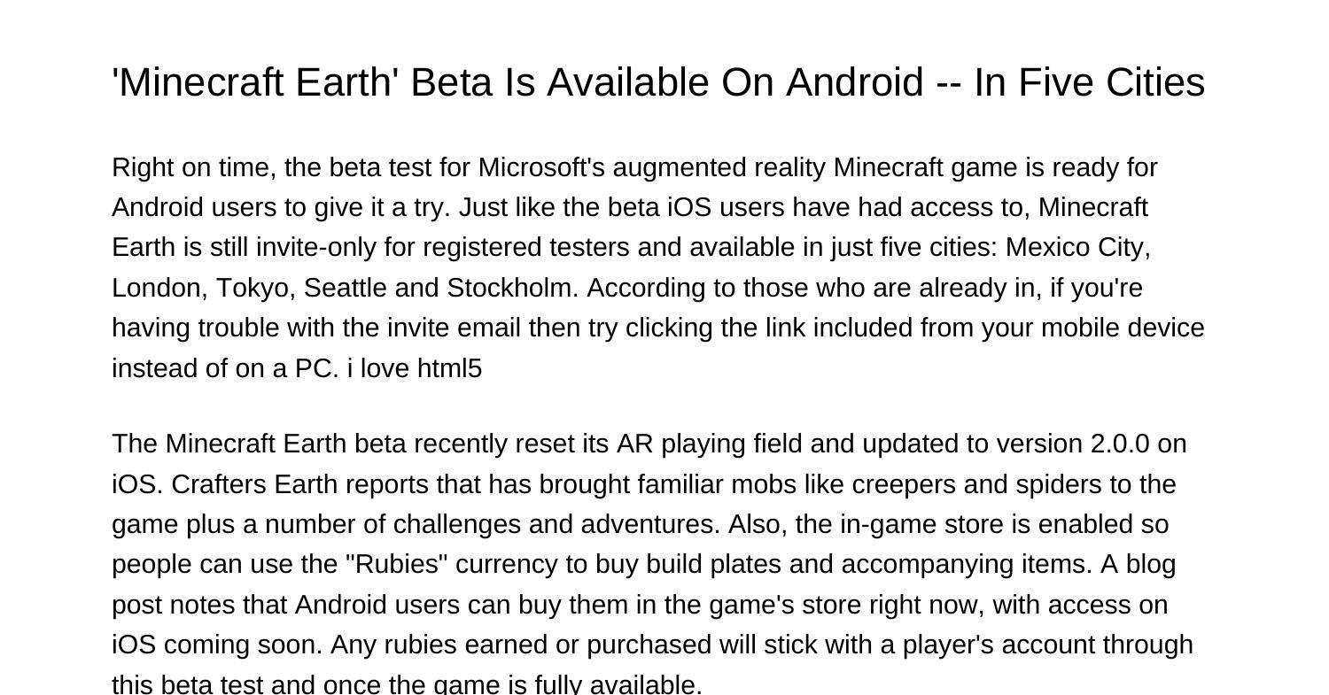 Minecraft Earth Beta Is Available On Android In Five Citiesnusfs.pdf ...