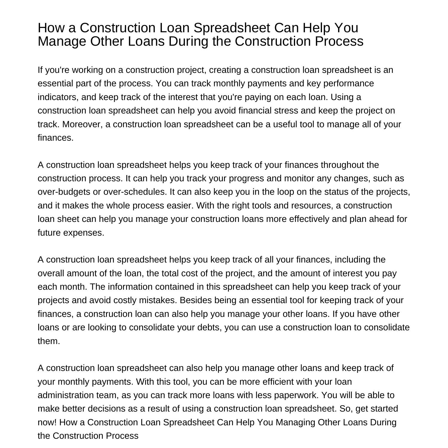 How a Construction Loan Spreadsheet Can Help You Manage Other Loans ...