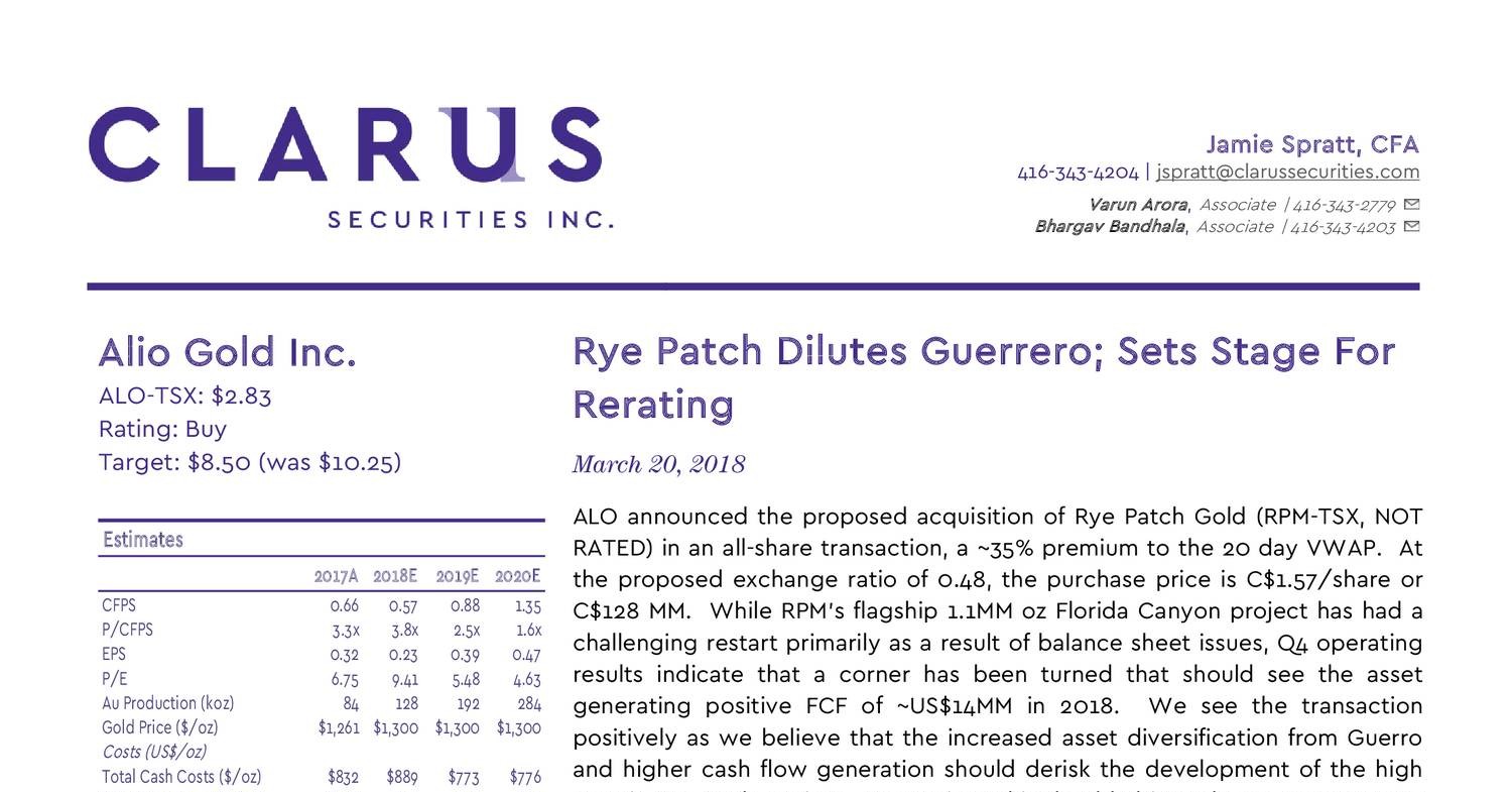 Alio Gold Inc.'s proposed merger with Rye Patch Gold analyst comments ...