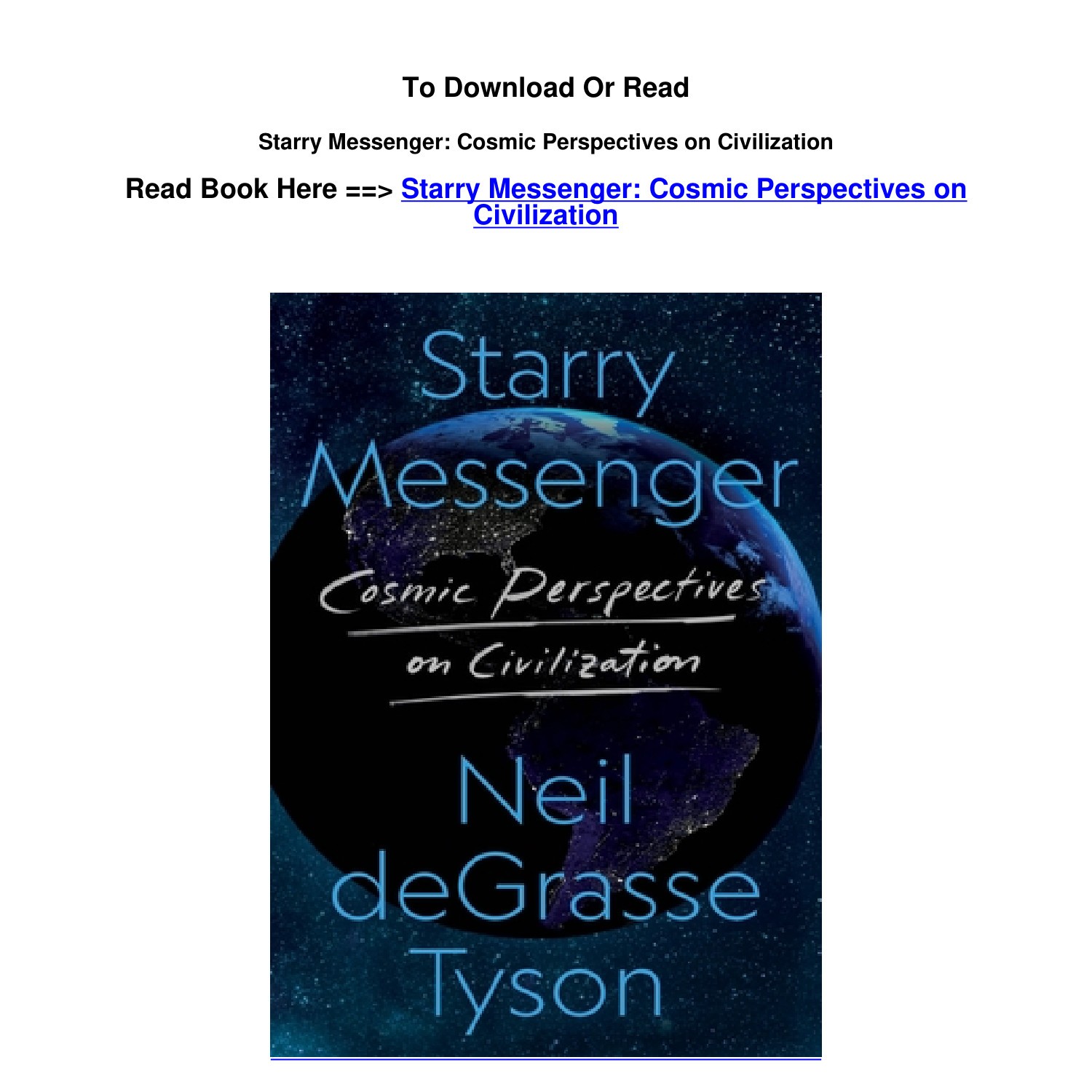 PDF download Starry Messenger Cosmic Perspectives on Civilization BY ...