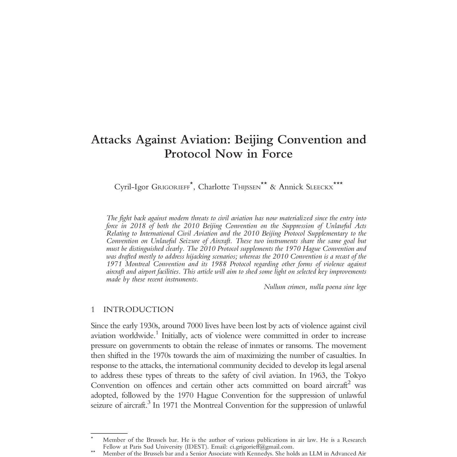 Attacks Against Aviation: Beijing Convention and Protocol Now in Force ...